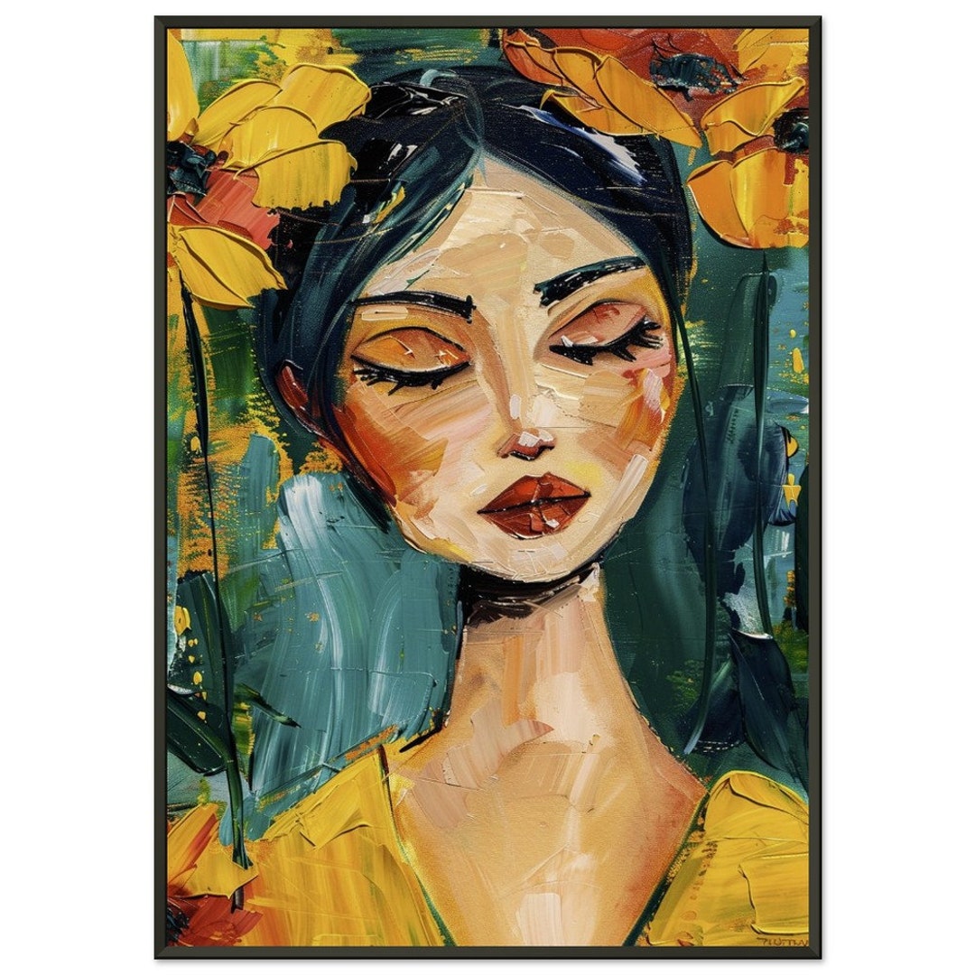 Abstract Woman Portrait: Yellow Suit, Floral Art, Framed Matte Poster ...