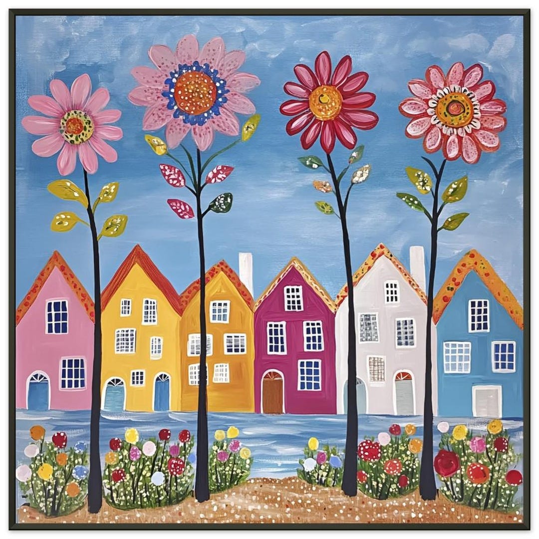 Whimsical Naive Art of Giant Flowers on the Beach - Colorful Art ...