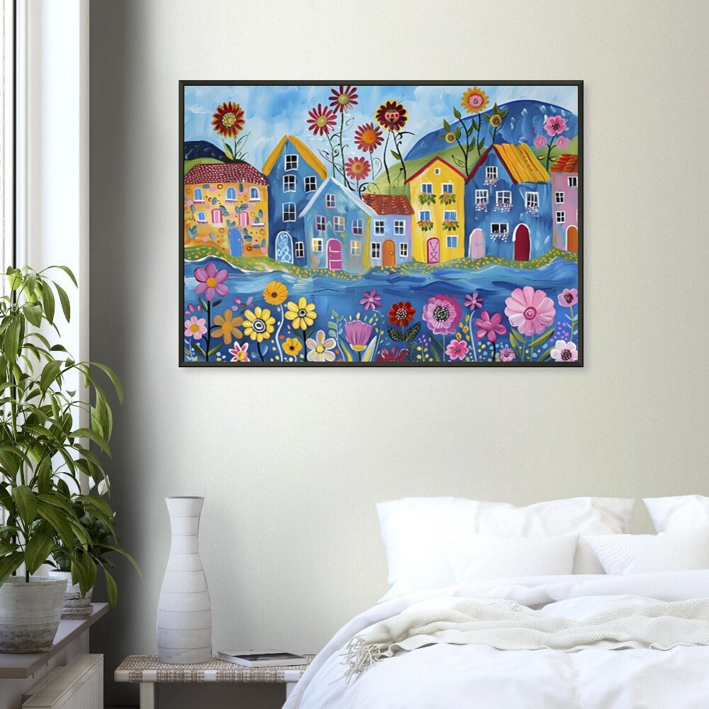 Whimsical Naive Art Painting With Colorful Flowers and Houses: A Joyful ...