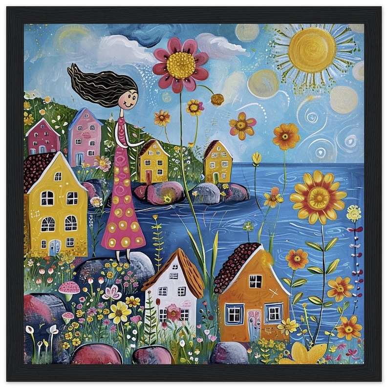 Colorful Naïve Art Print Tall Woman, Beautiful Houses, Seas, Big ...