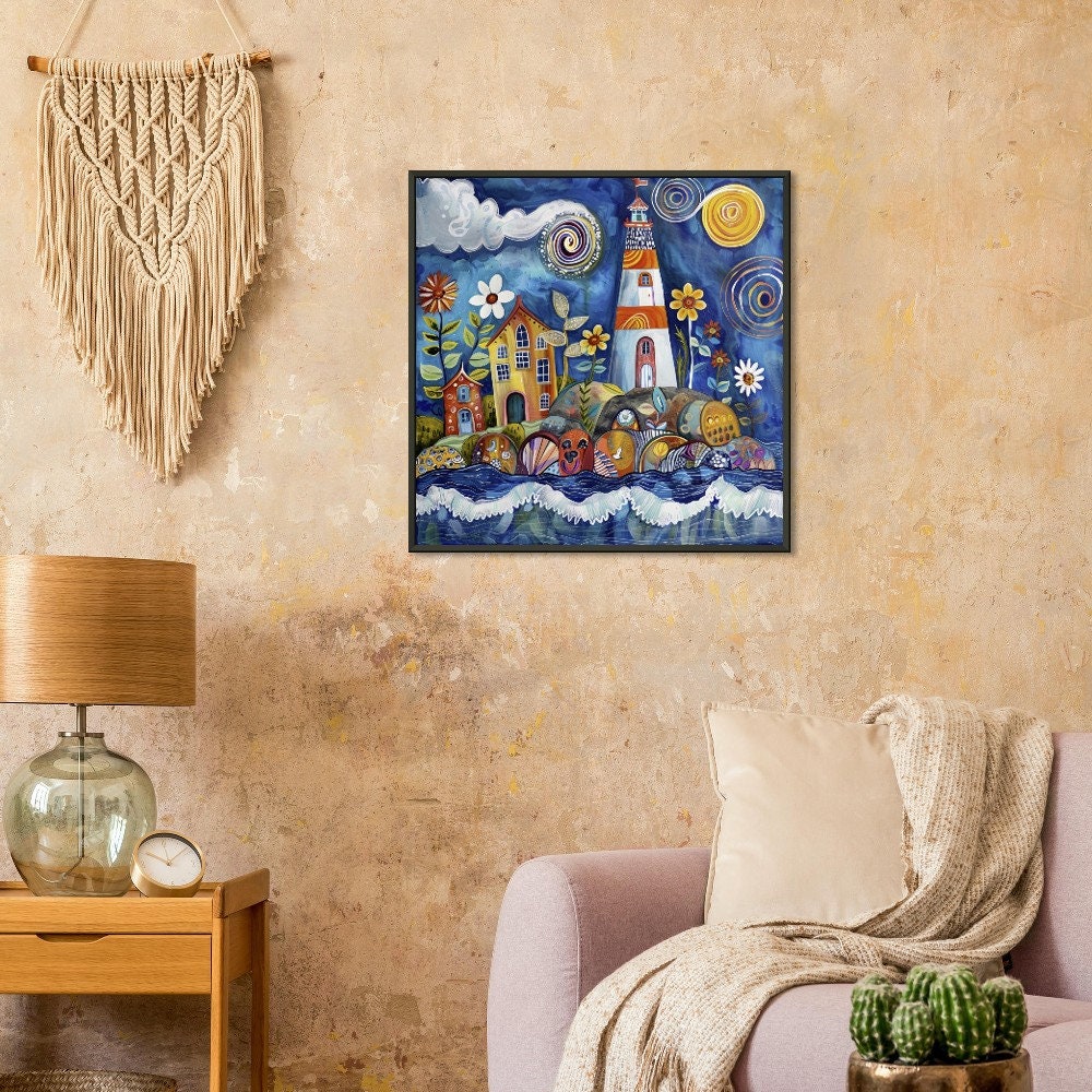 Whimsical Naïve Painting of Lighthouse and Houses With Sea Waves ...