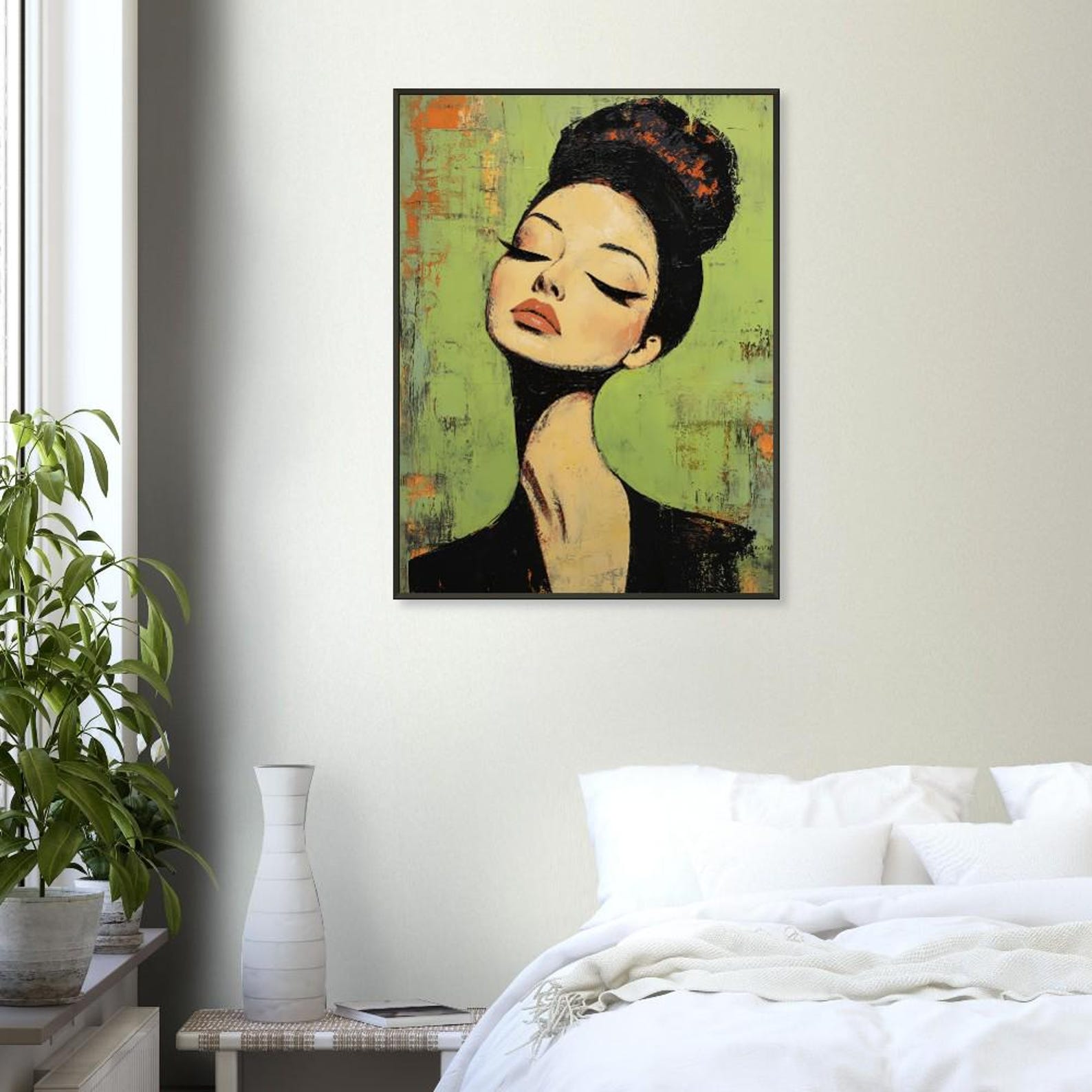 Retro Vintage Framed Poster: Woman With Hair up - Green & Orange Wall ...