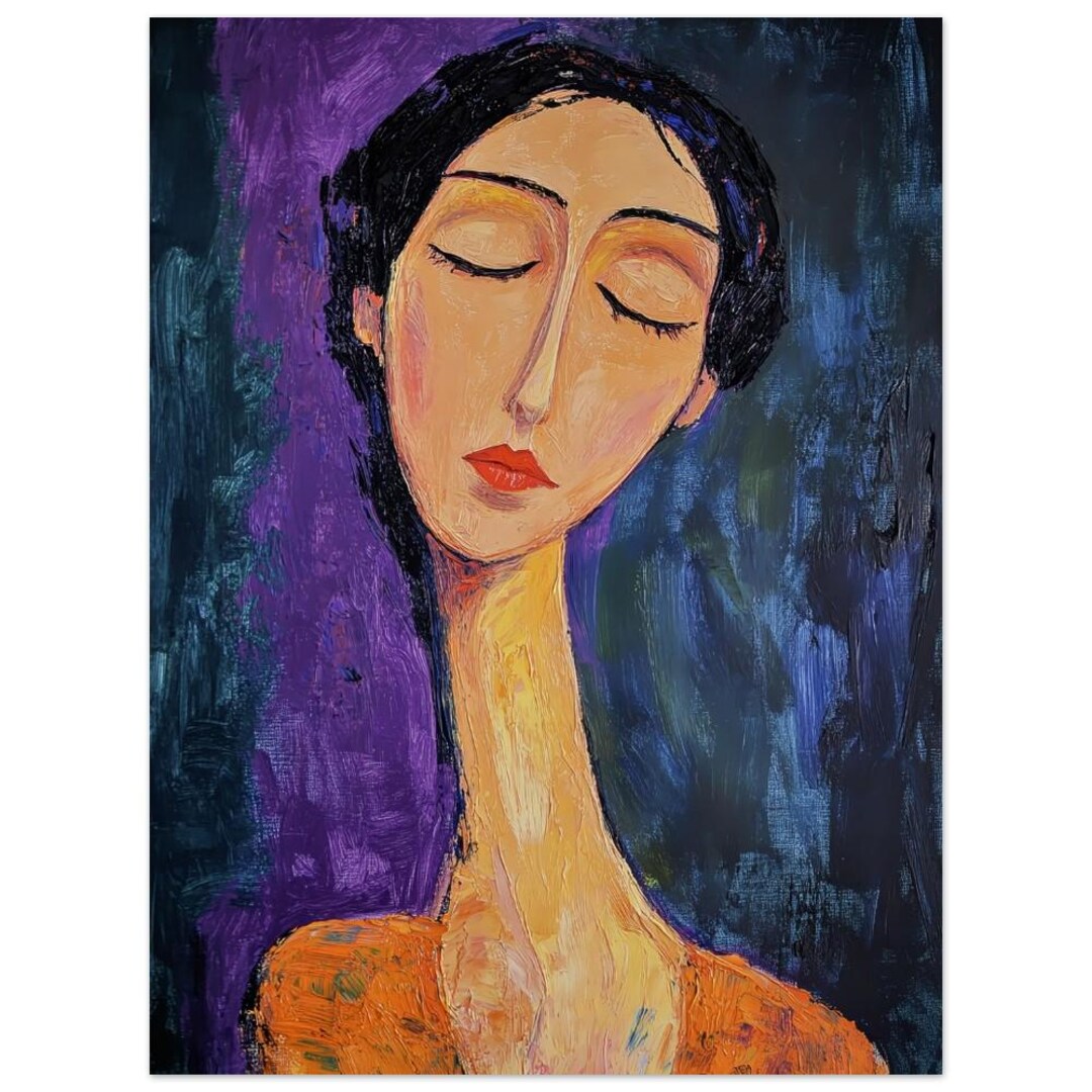 Elegant Woman Art Print - Long Neck, Orange Suit & Colorful Blue Purple ...