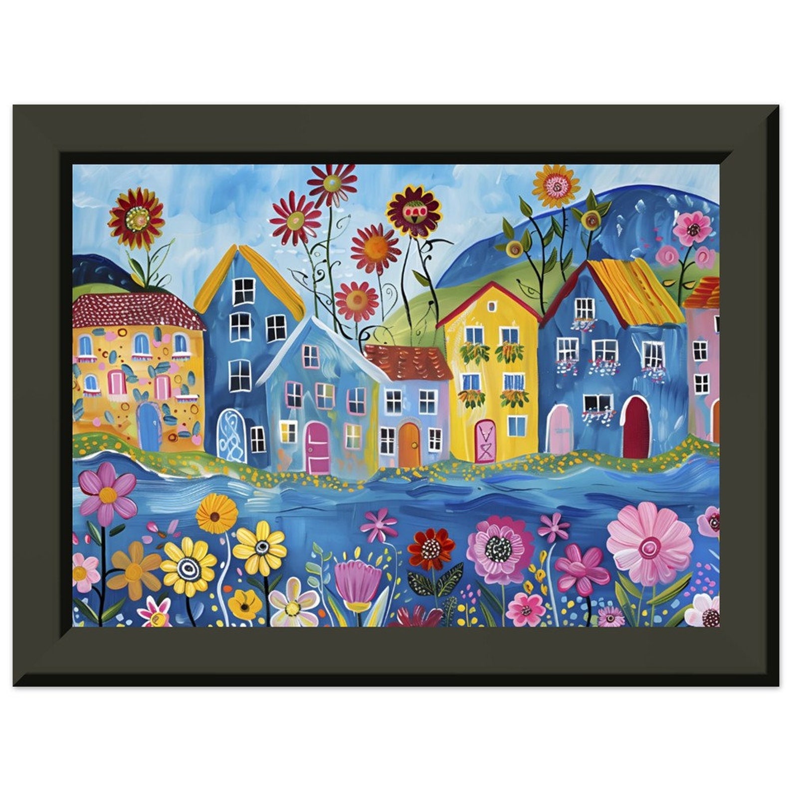 Whimsical Naive Art Painting With Colorful Flowers and Houses: A Joyful ...