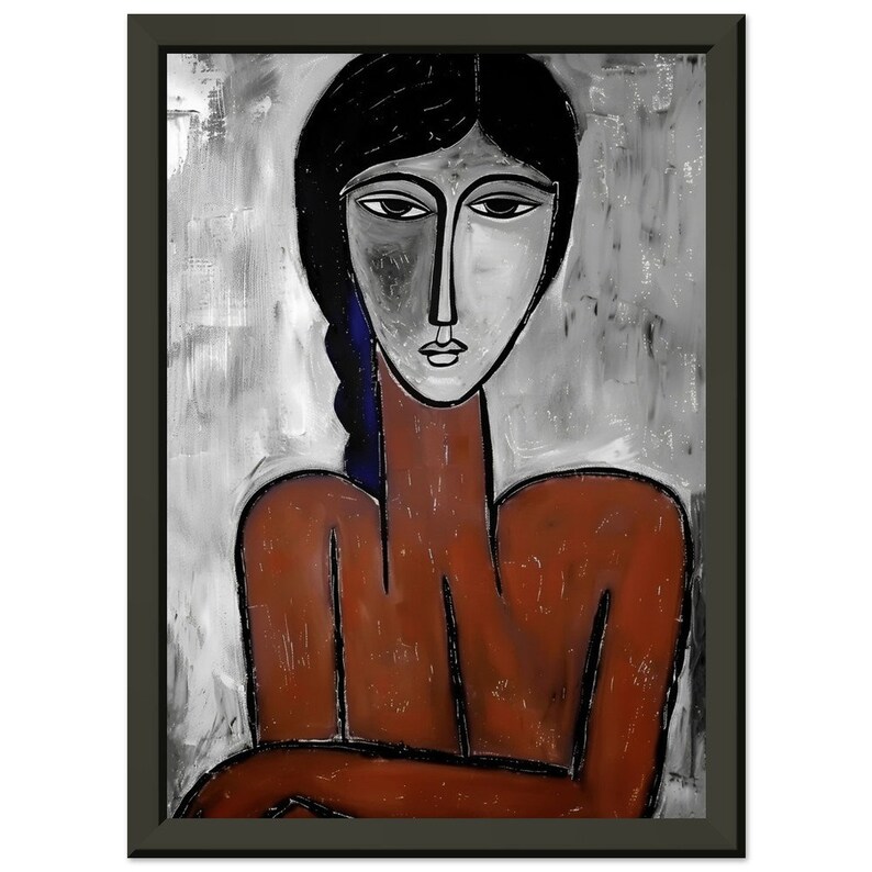 Elegant Long-necked Woman: Abstract Red and Silver Gray Painting ...