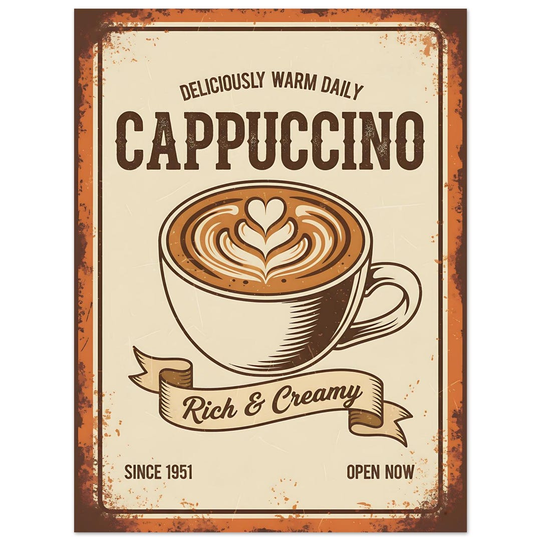 Vintage Cappuccino Wall Art – Retro Coffee Café Sign, on Aluminum Print ...