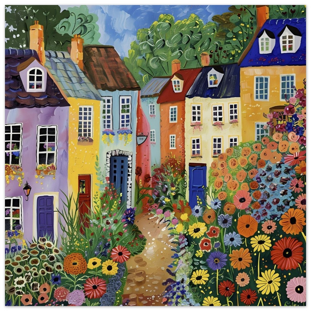 Naive Art Painting of Colorful Terraced Houses in England - Unique Foam ...