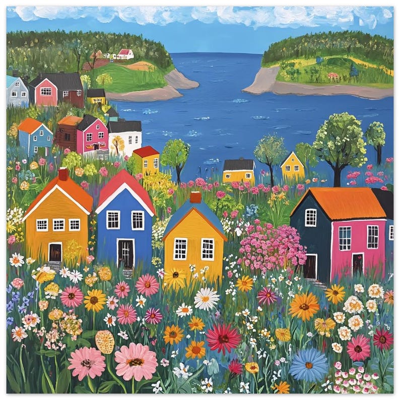 Naive Art Painting of Flowers, Colorful Houses & Sea - Unique Foam ...