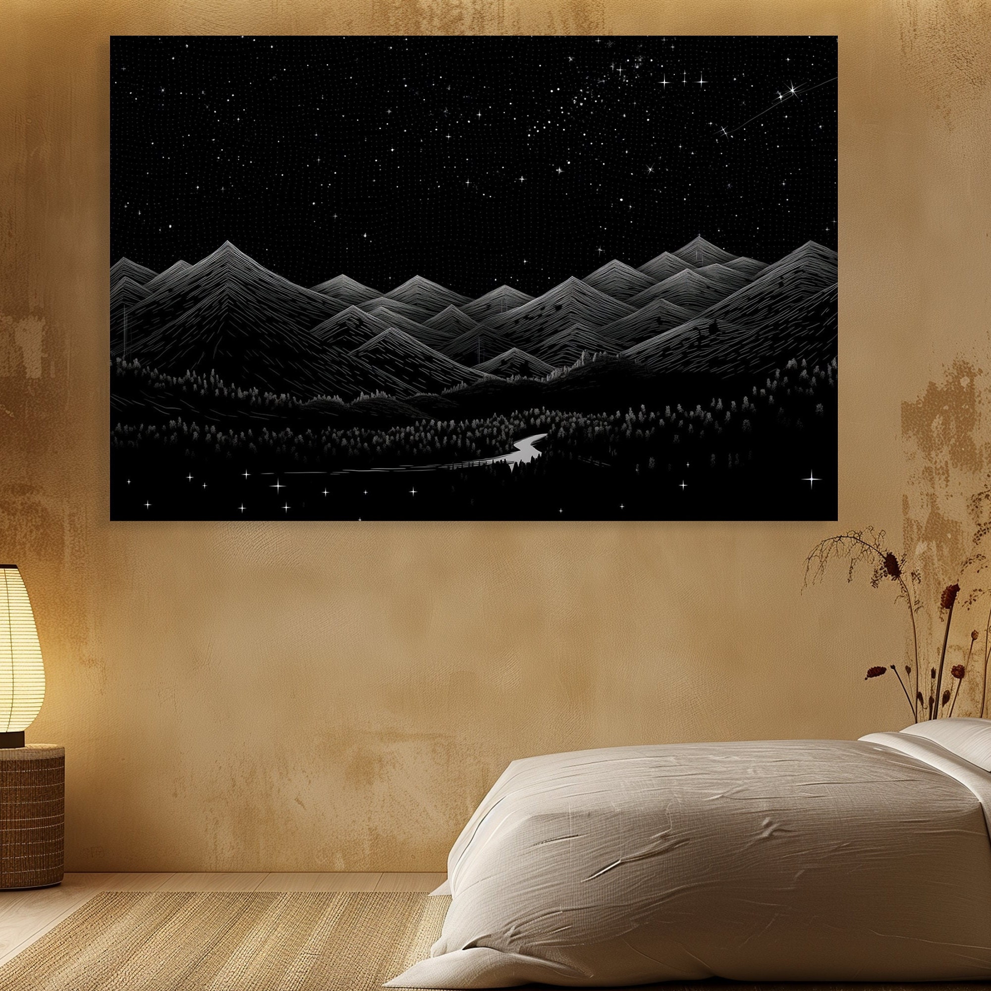 Starry Night ASCII Wall Art: Mountain Night Landscape Buddha Egg ...