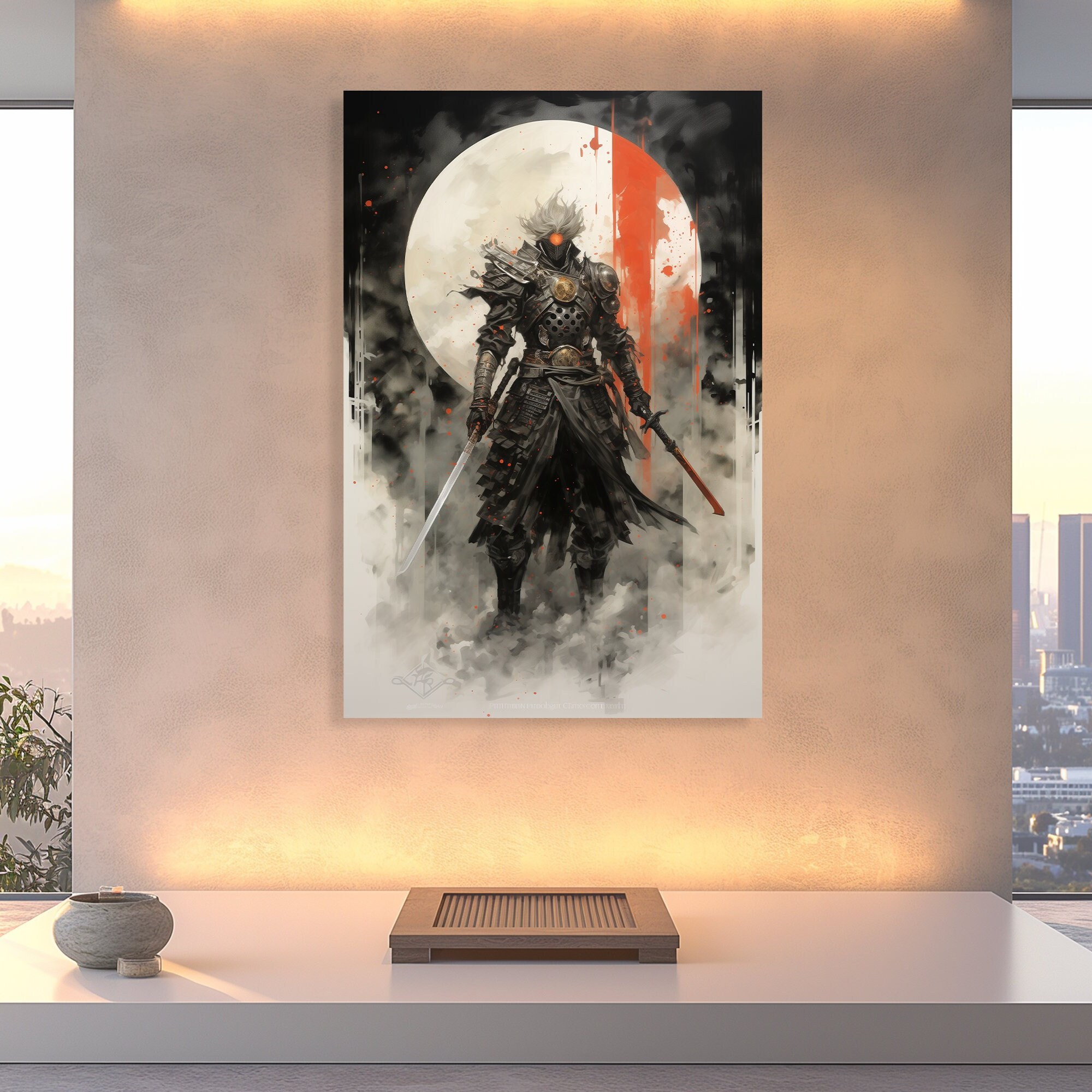 Cosmic Samurai Battle Pose Wall Art: Futuristic Anime Buddha Egg Canvas ...