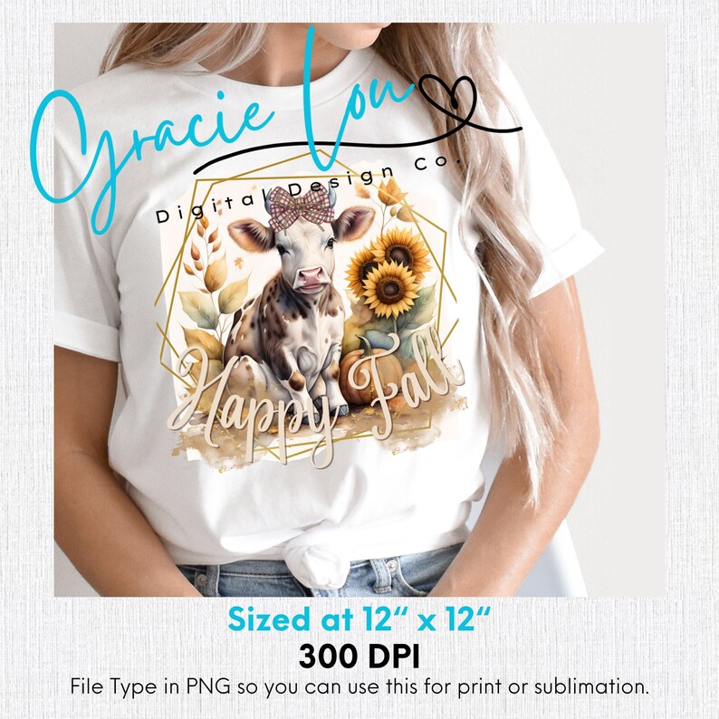 Happy Fall Png, Baby Cow Png Wall Art, Autumn Florals Watercolor Print ...