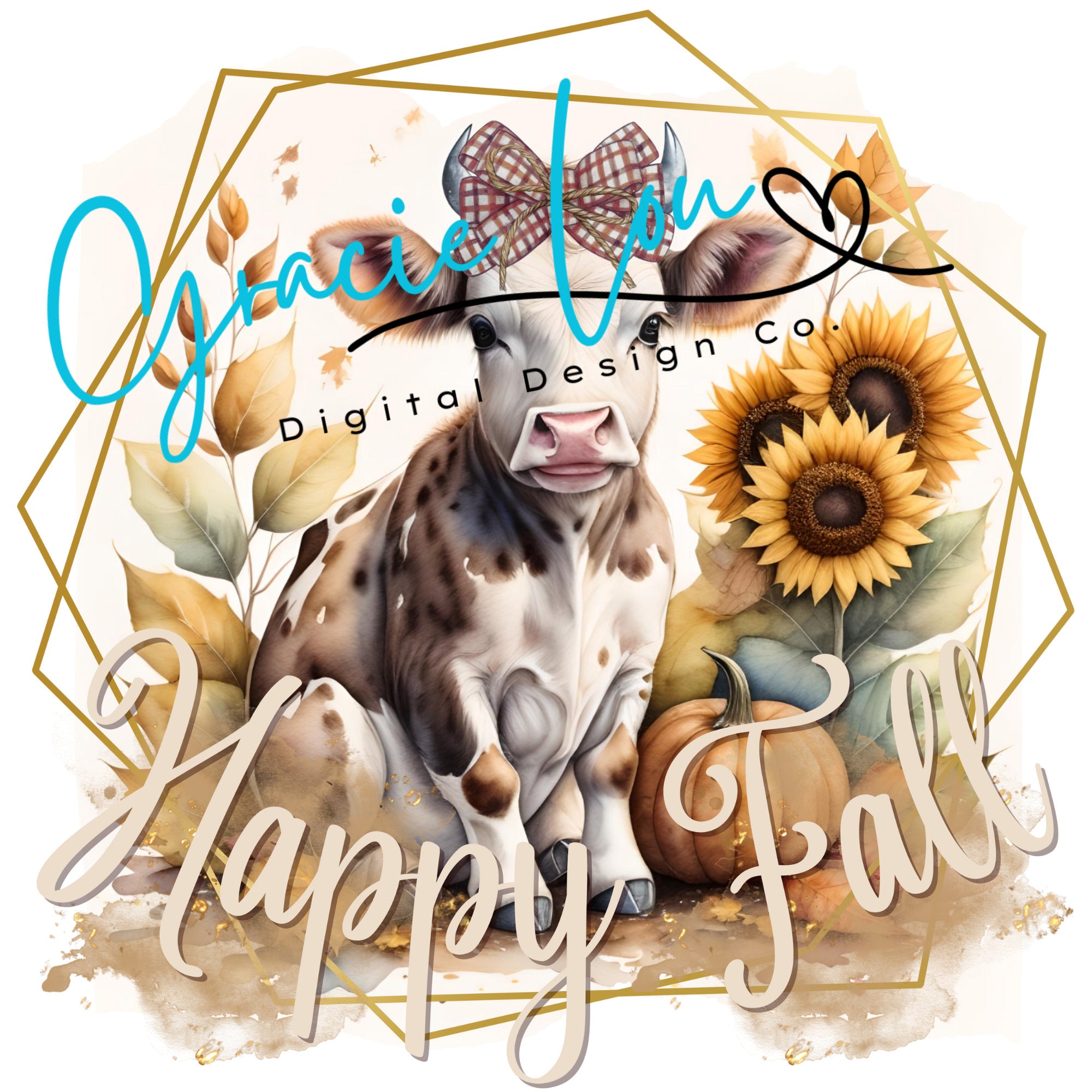 Happy Fall Png, Baby Cow Png Wall Art, Autumn Florals Watercolor Print ...