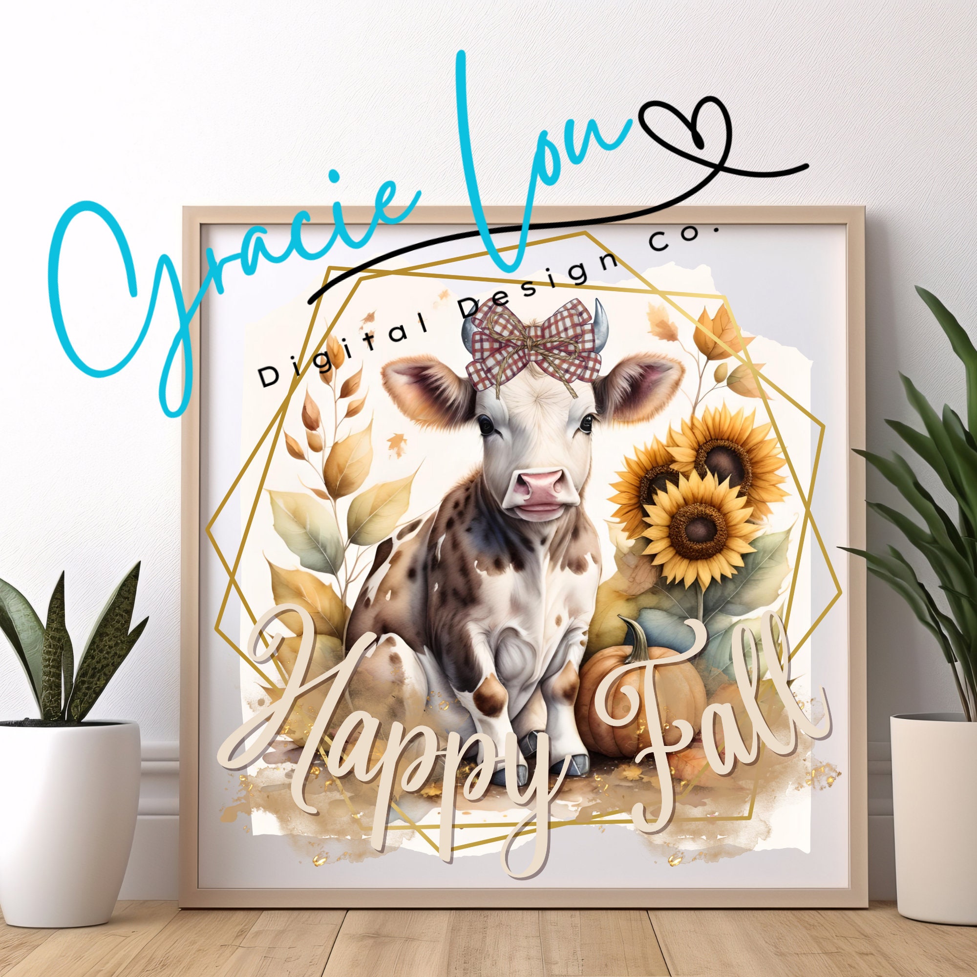 Happy Fall Png, Baby Cow Png Wall Art, Autumn Florals Watercolor Print ...