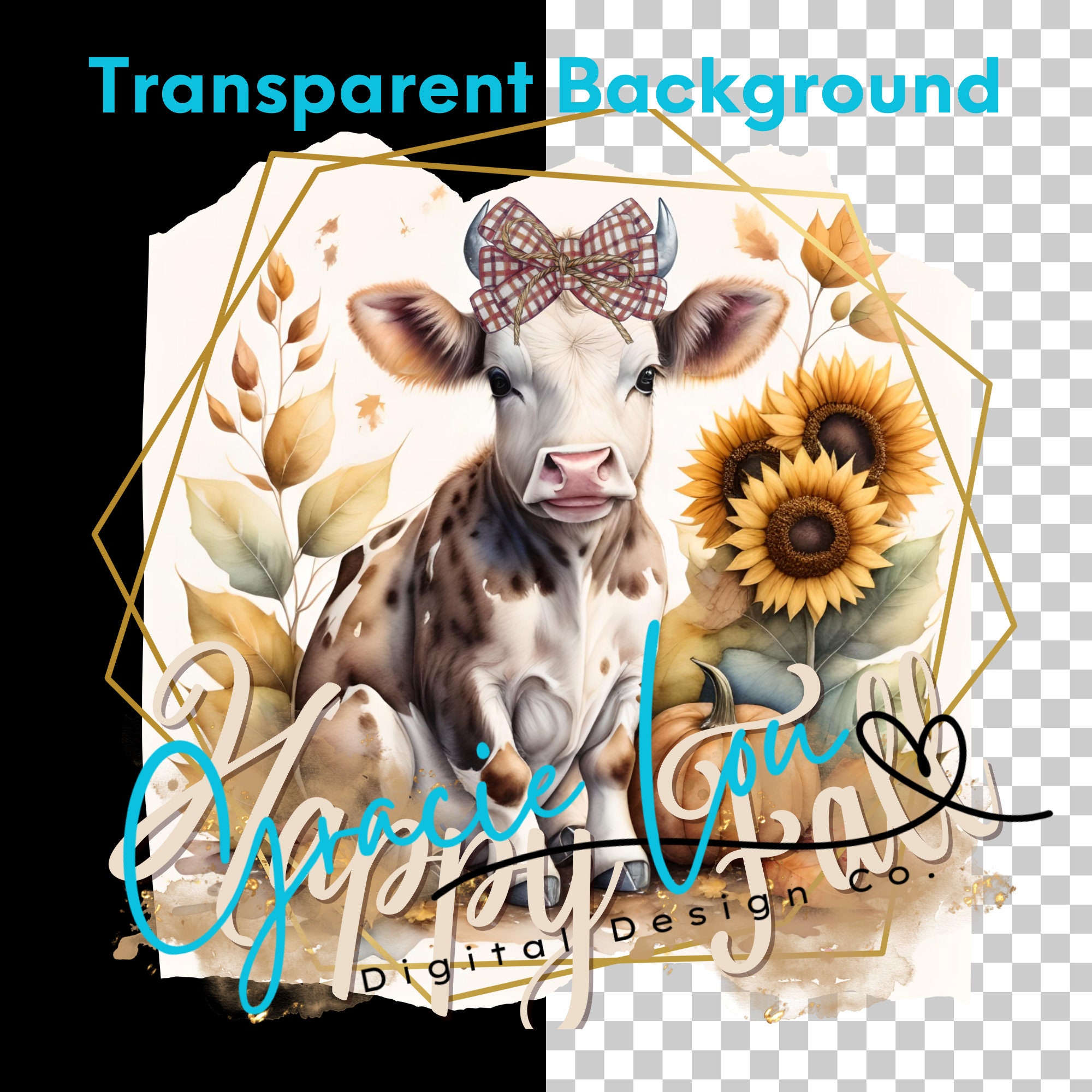 Happy Fall Png, Baby Cow Png Wall Art, Autumn Florals Watercolor Print ...