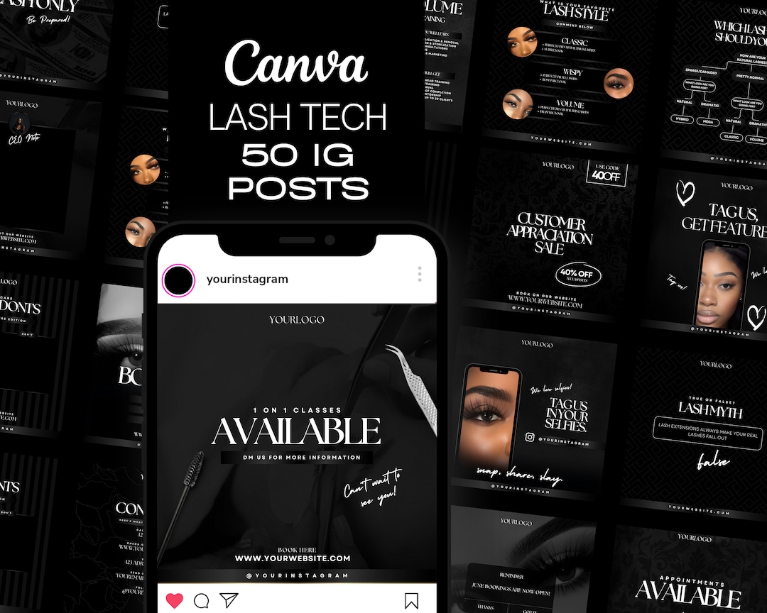 50 Lash Tech Templates, IG Posts, Branding Kit, Extensions Social Media ...
