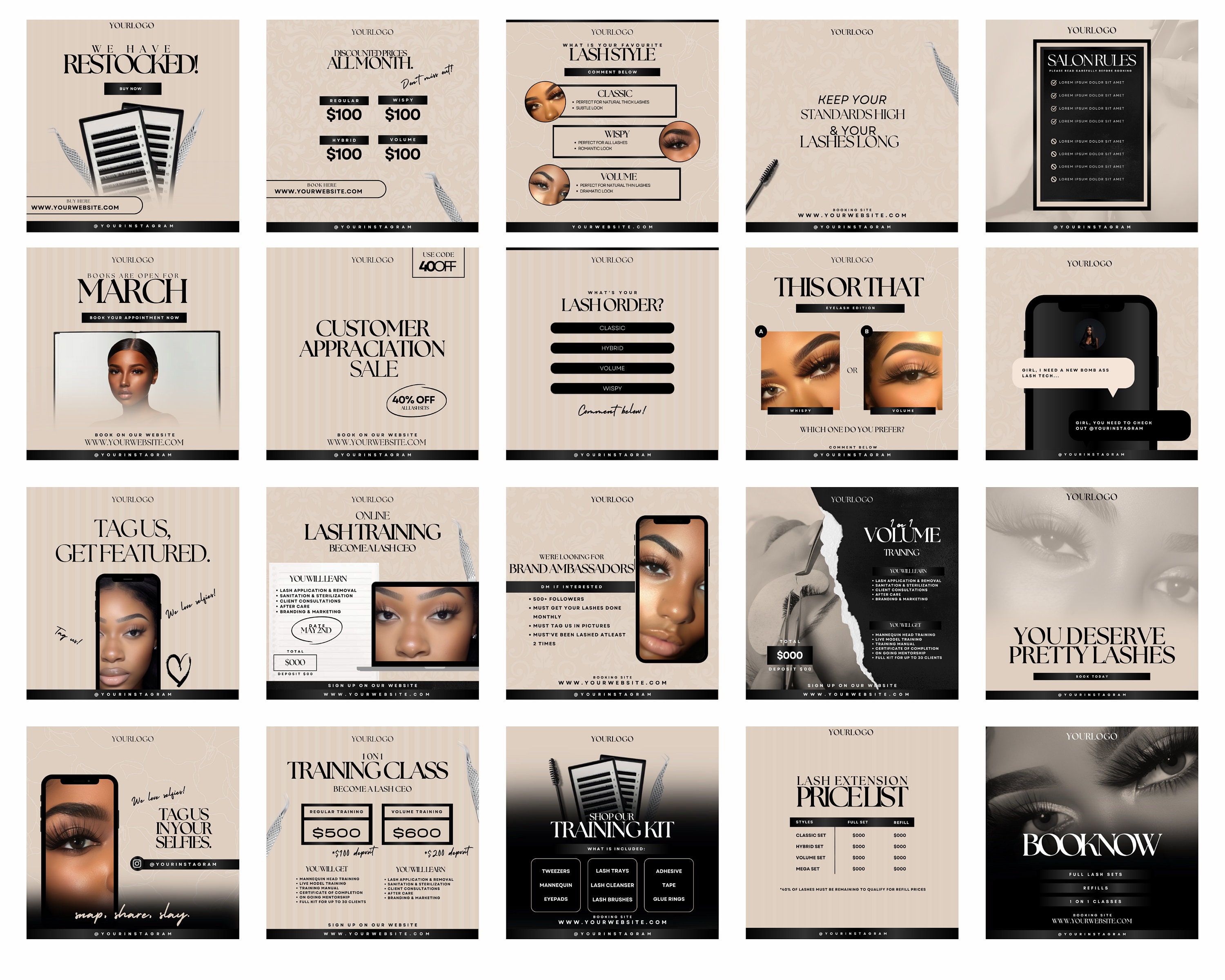 50 Lash Tech IG Flyers Pack, Lash Tech Branding Kit, Eyelash Extensions ...