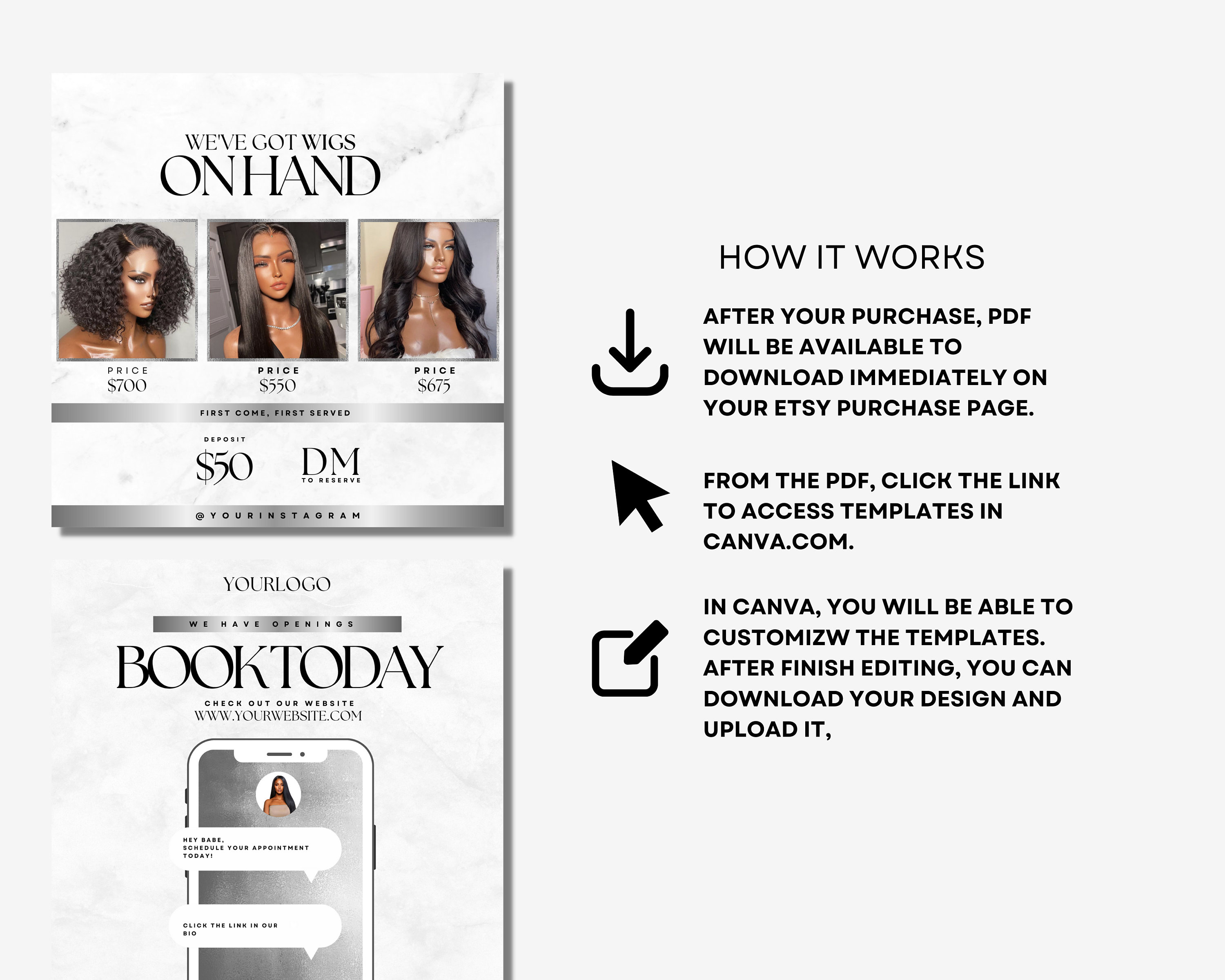 50 Pack Luxury Hair IG Flyers canva Editable Hairstylist - Etsy