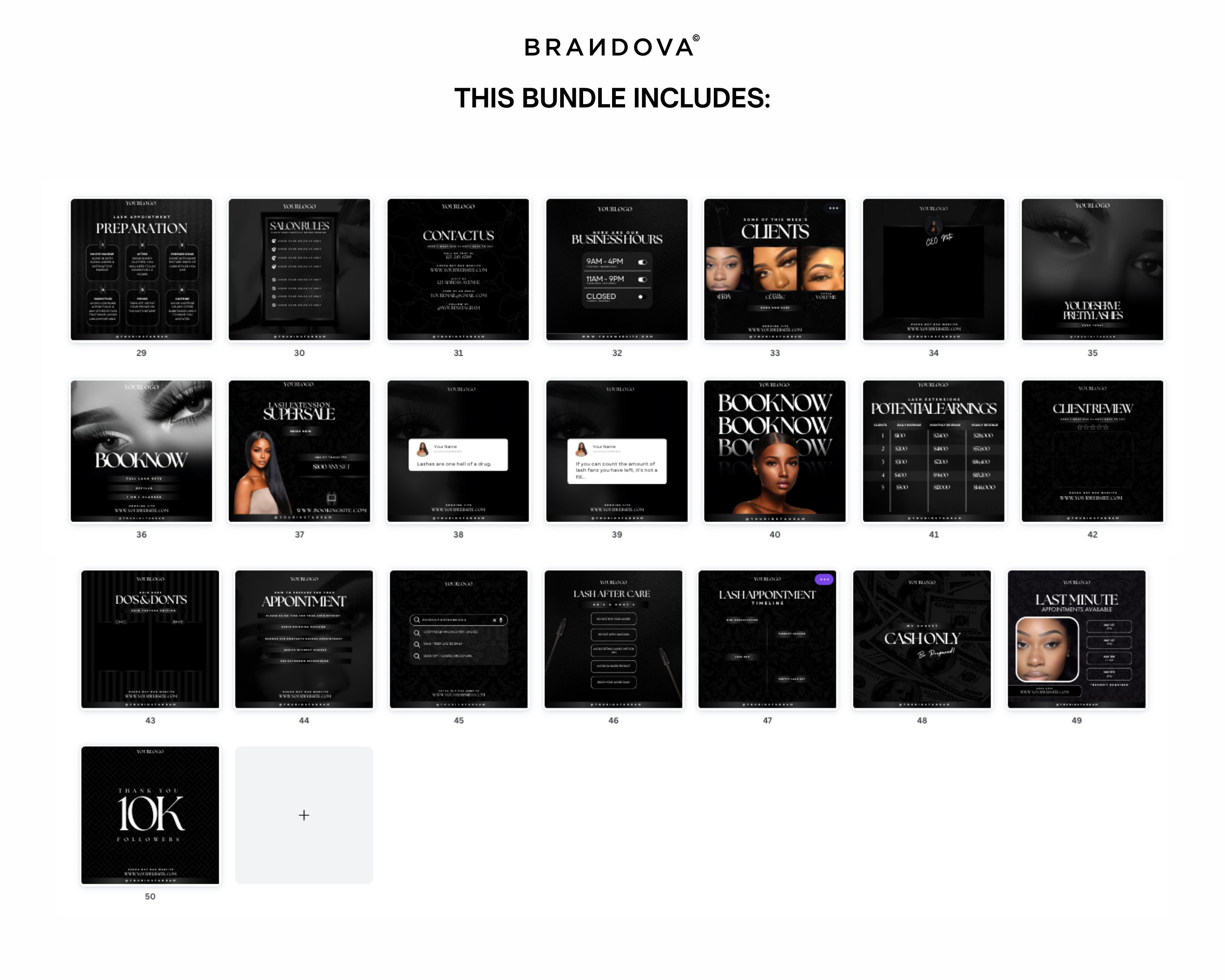 50 Lash Tech Templates, IG Posts, Branding Kit, Extensions Social Media ...