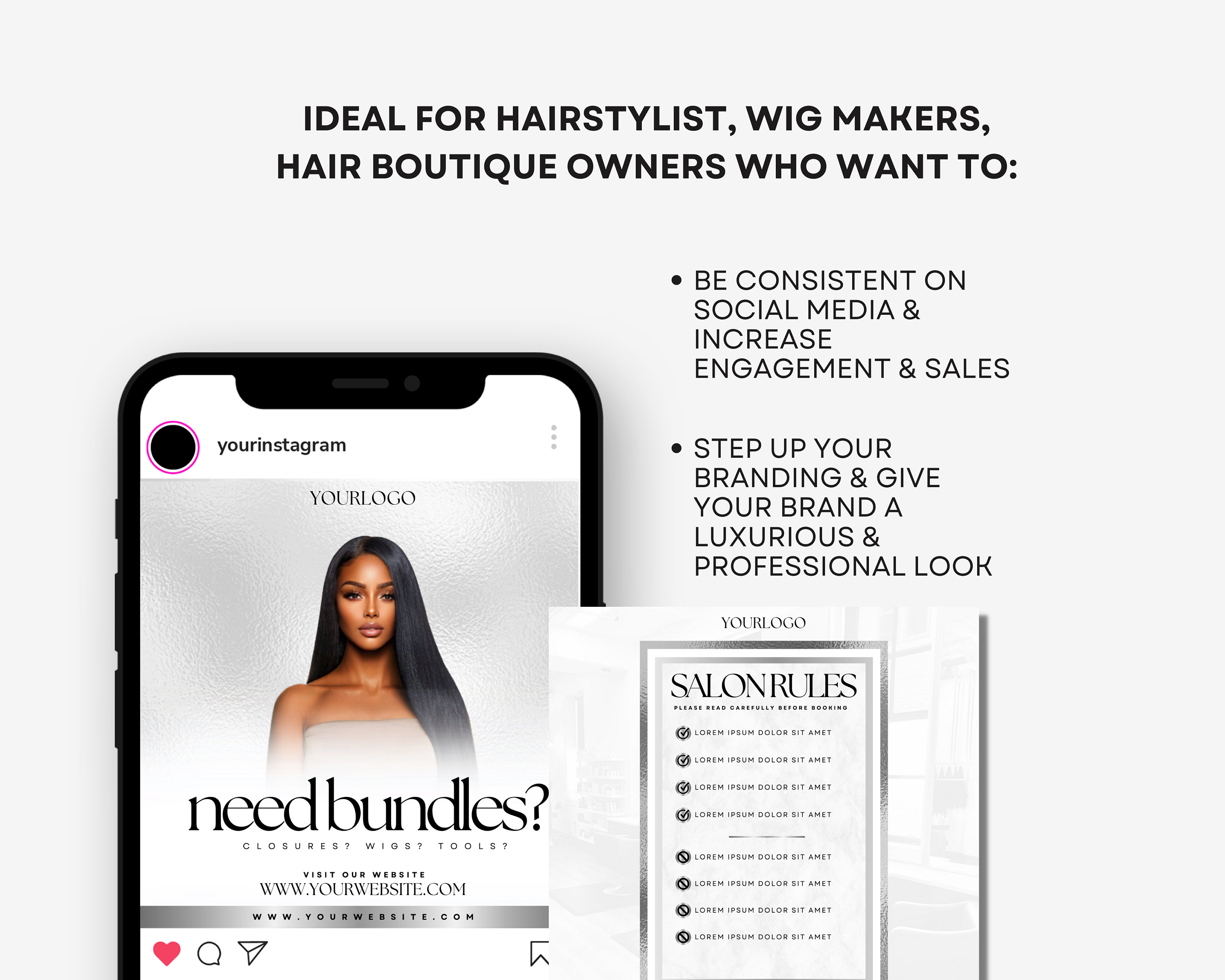 Hairstylist IG Flyers: Luxury White Silver Branding Kit (50 Canva ...