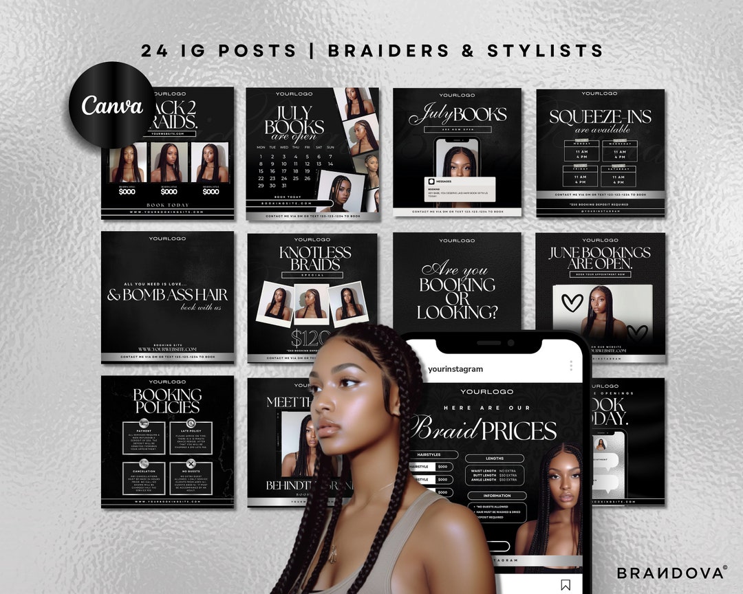 24 Braids Templates | Braiding Hair Business Branding | Canva Editable ...