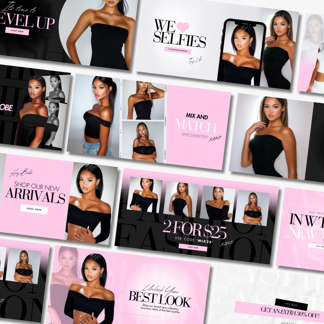Pack of 100 Fashion Web Banners, Pink, Black & White Clothing Website ...