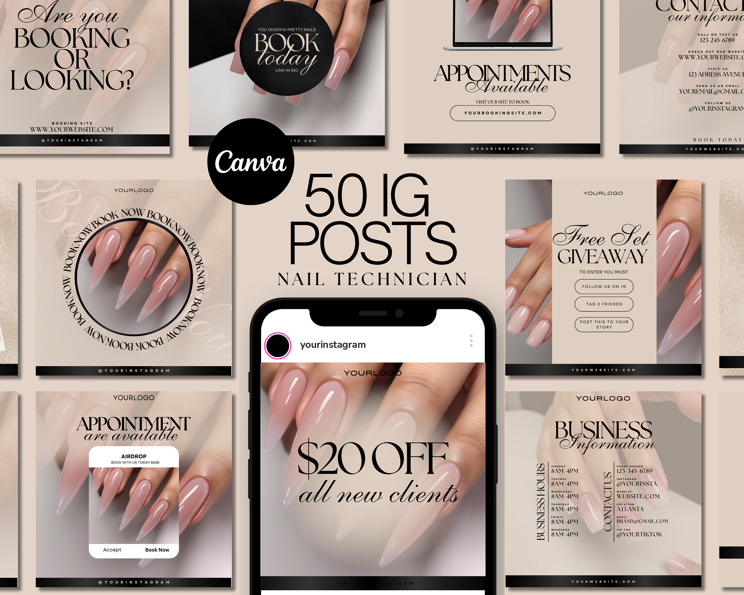 50 Nail Tech Instagram Post Templates, Nail Technician Branding Kit ...