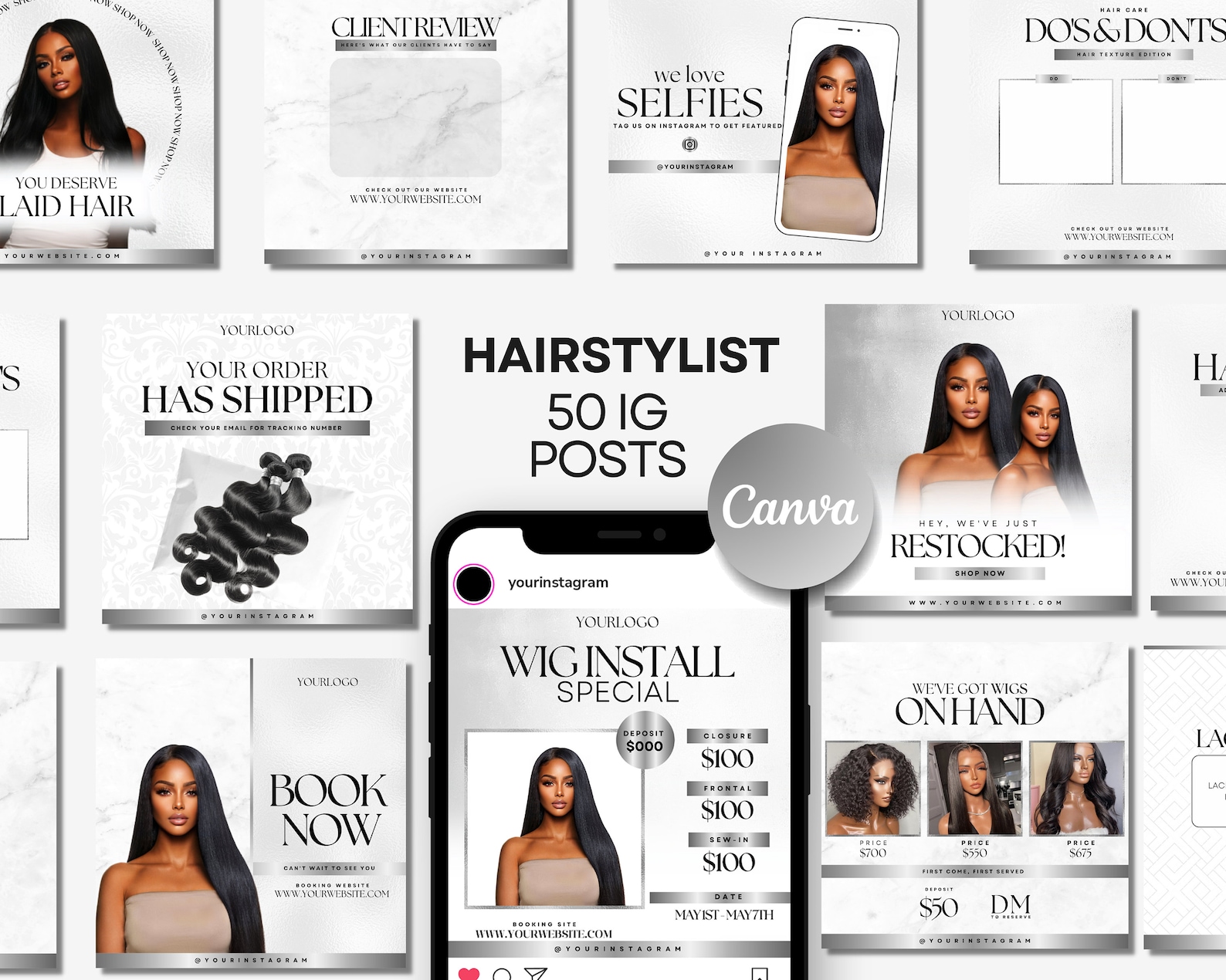 50 Pack Luxury Hair IG Flyers canva Editable Hairstylist - Etsy