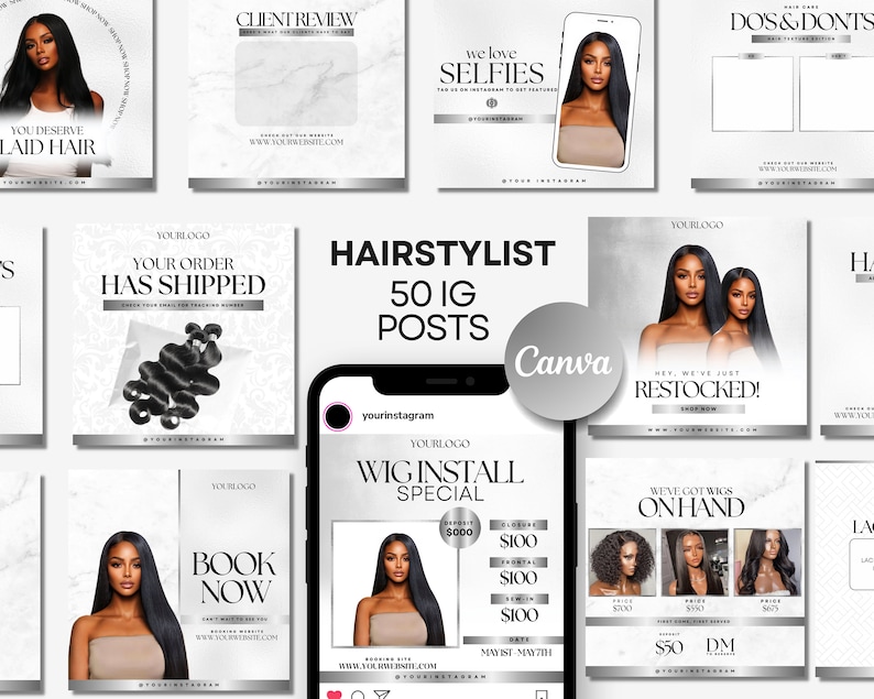 50 Pack Luxury Hair IG Flyers canva Editable Hairstylist - Etsy