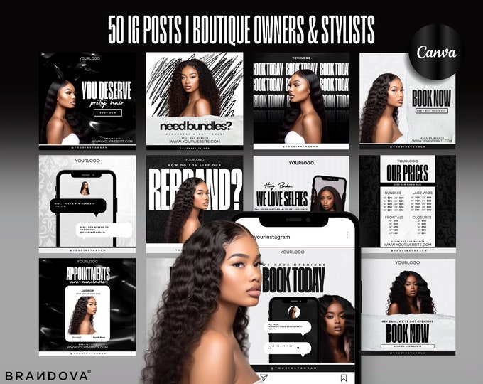 50 Pack Luxury Hair IG Flyers|canva Editable Hairstylist Branding Kit ...
