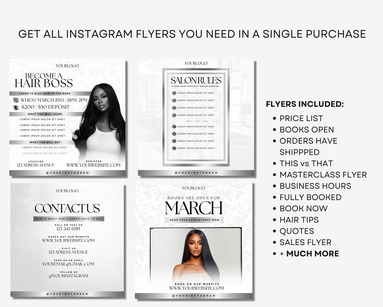 50 Pack Luxury Hair IG Flyers canva Editable Hairstylist - Etsy
