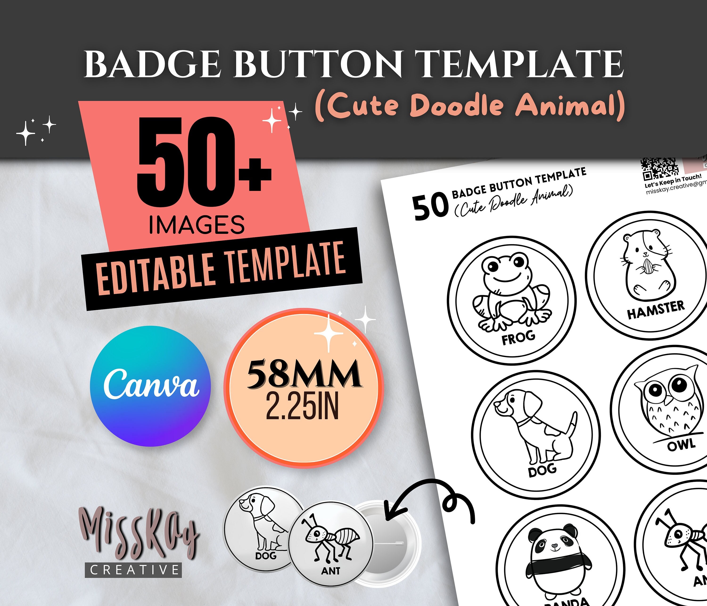50 Editable Badge Button Pinback Doodle Animal Cute Cartoon Spreadsheet ...