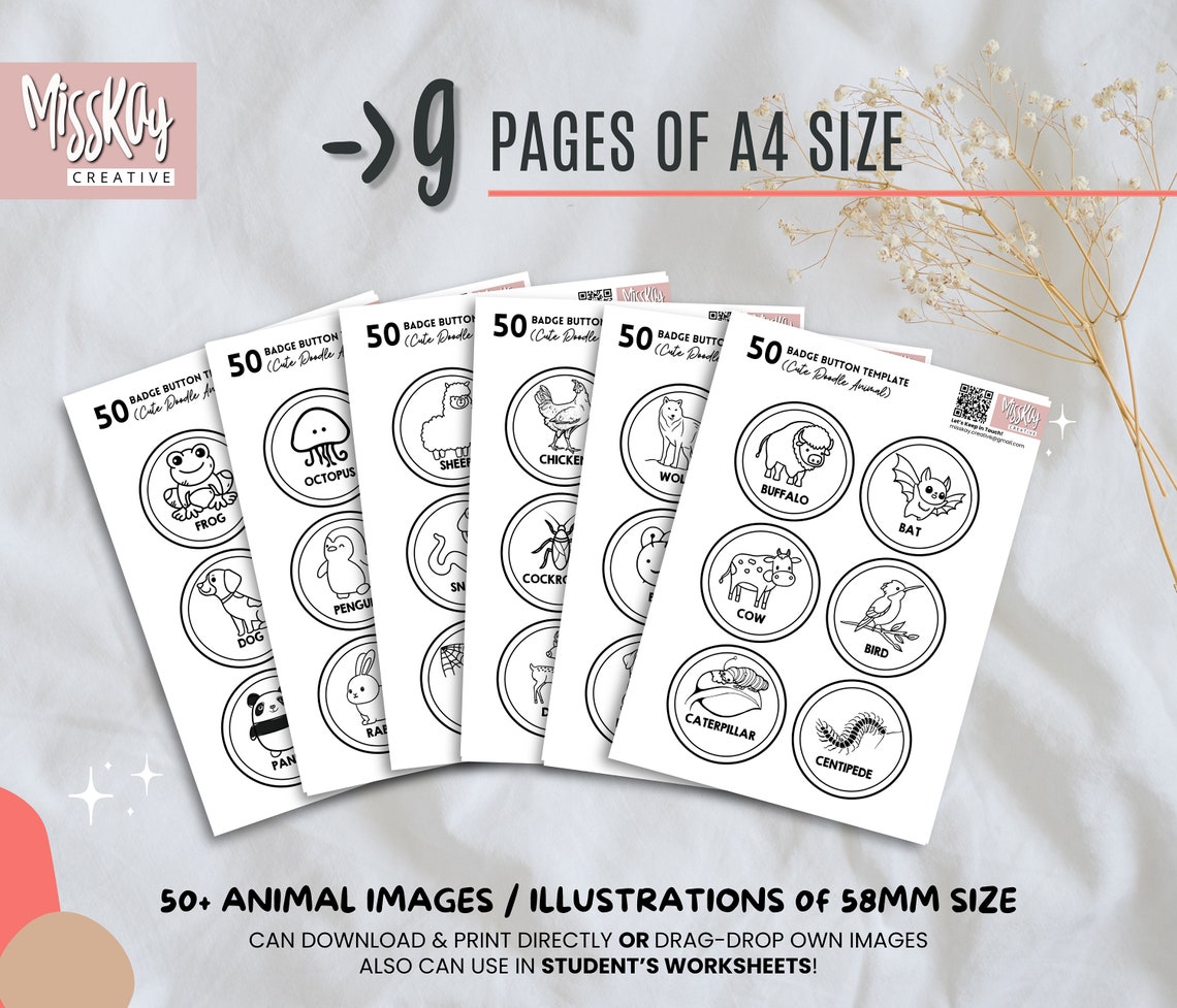 50+ Editable Badge Button Pinback Doodle Animal Cute Cartoon ...