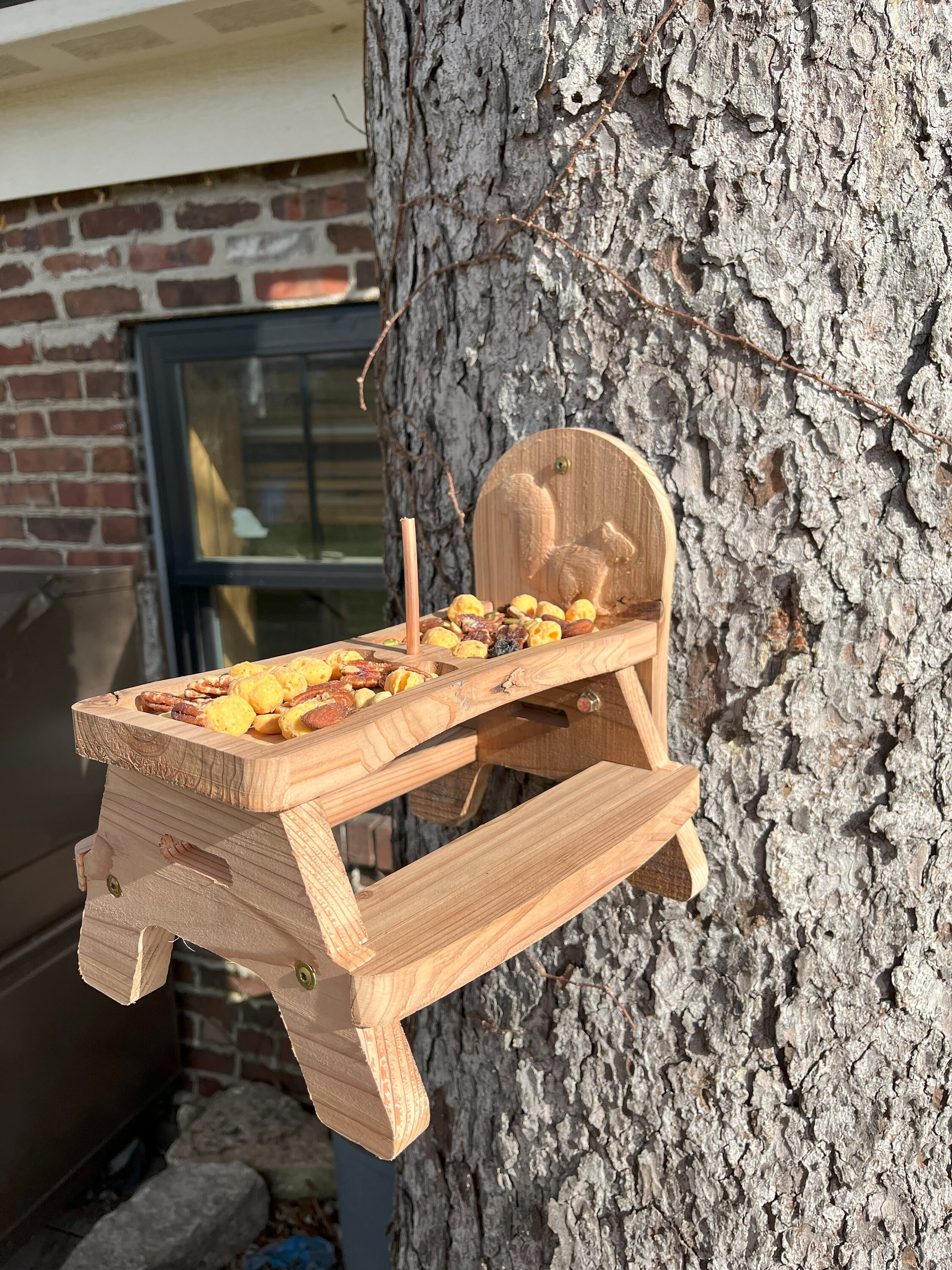 Carved Cedar Squirrel Picnic Table Assembled Squirrel/bird Ground Feeder Fence Picnic Table for ...