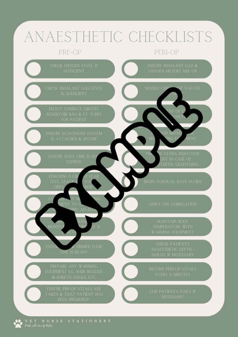 Pre Op Peri Op Anaesthetic Checklist for Vet Nurse Vet Tech Student - Etsy