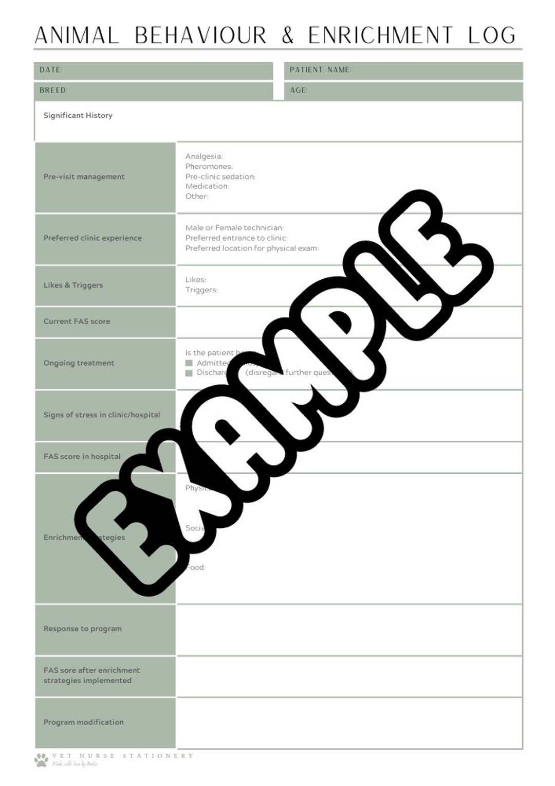 Animal Behaviour Enrichment Logbook for Vet Nurse Vet Tech Student - Etsy