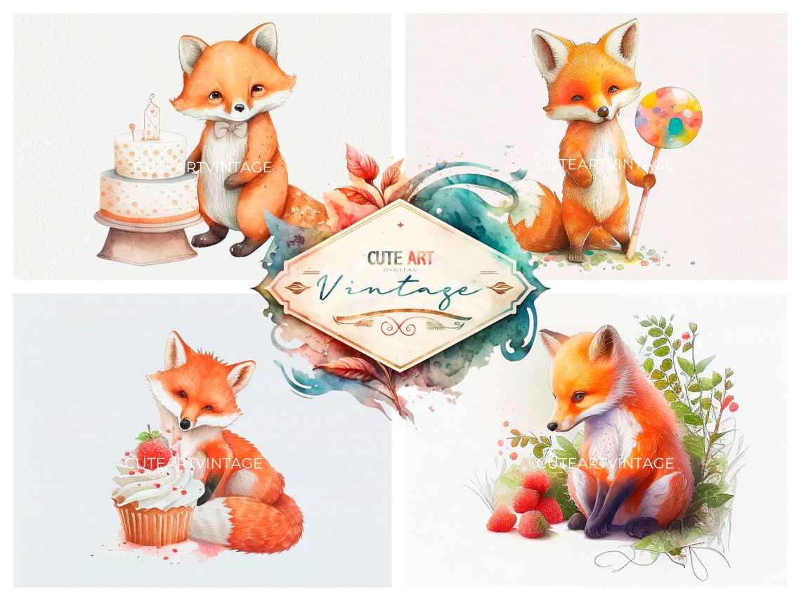 Cute Watercolor Fox, Digital Images for Scrapbooking, Drawing of a ...