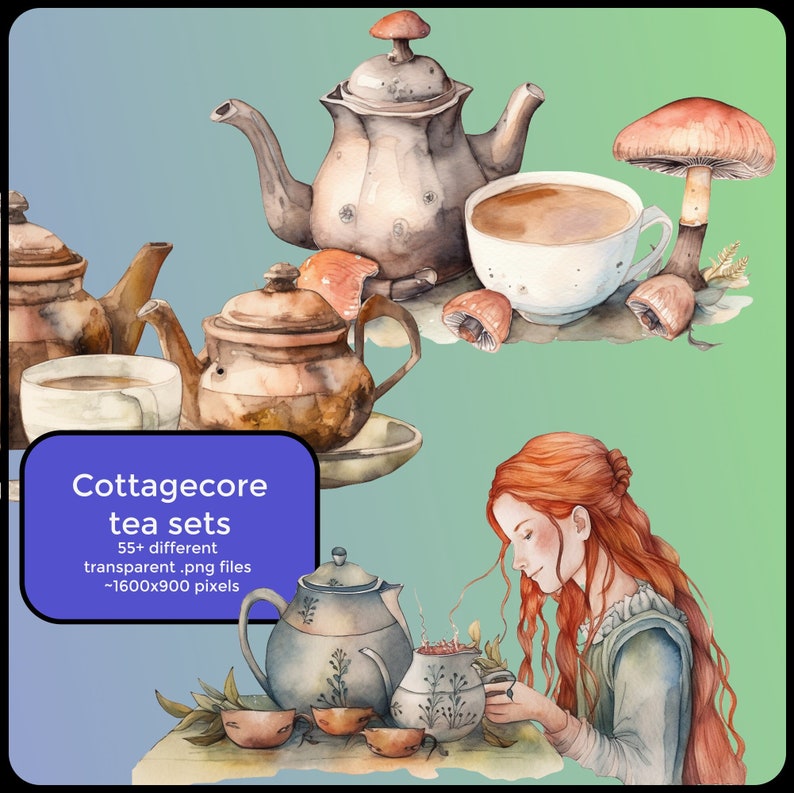 Cottagecore Teapot and Teaset Clipart for Rustic Shabby Chic Farmhouse ...