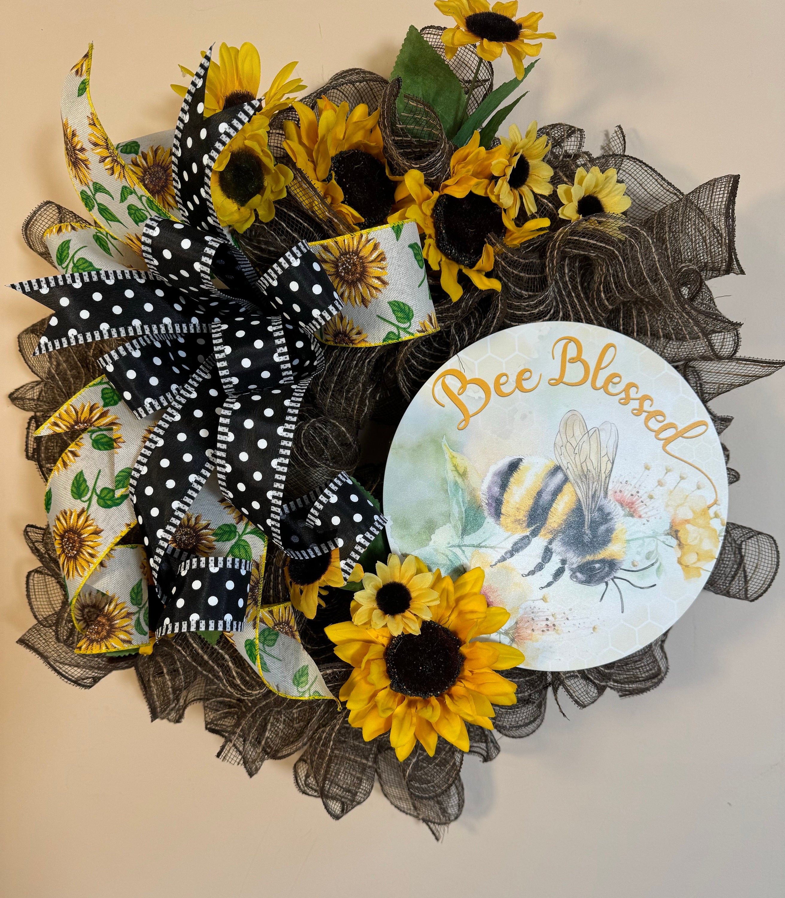 Bee Blessed 22” Sunflower and Bumblebee Wreath | Rustic Summer Door ...