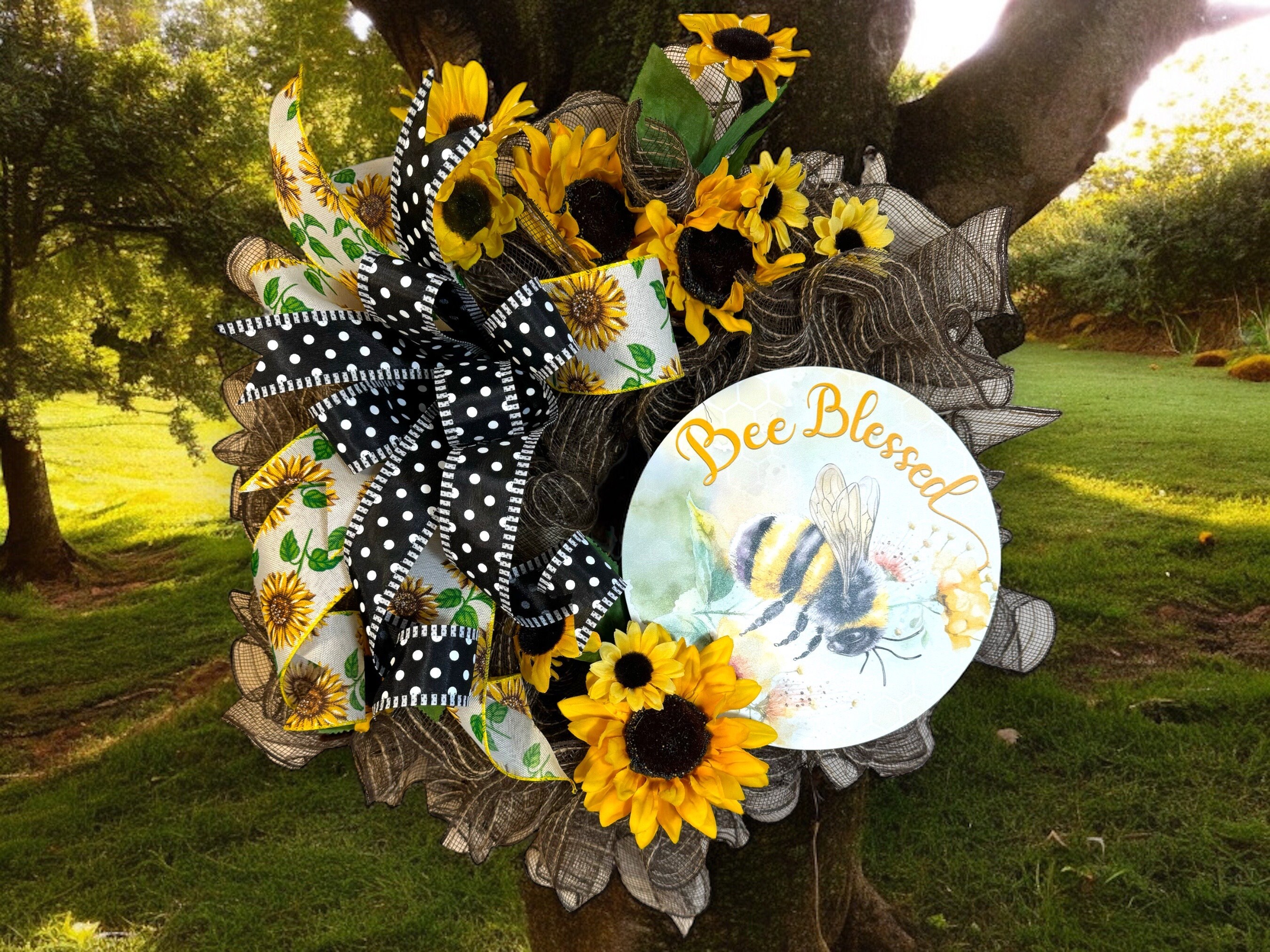 Bee Blessed 22” Sunflower and Bumblebee Wreath | Rustic Summer Door ...