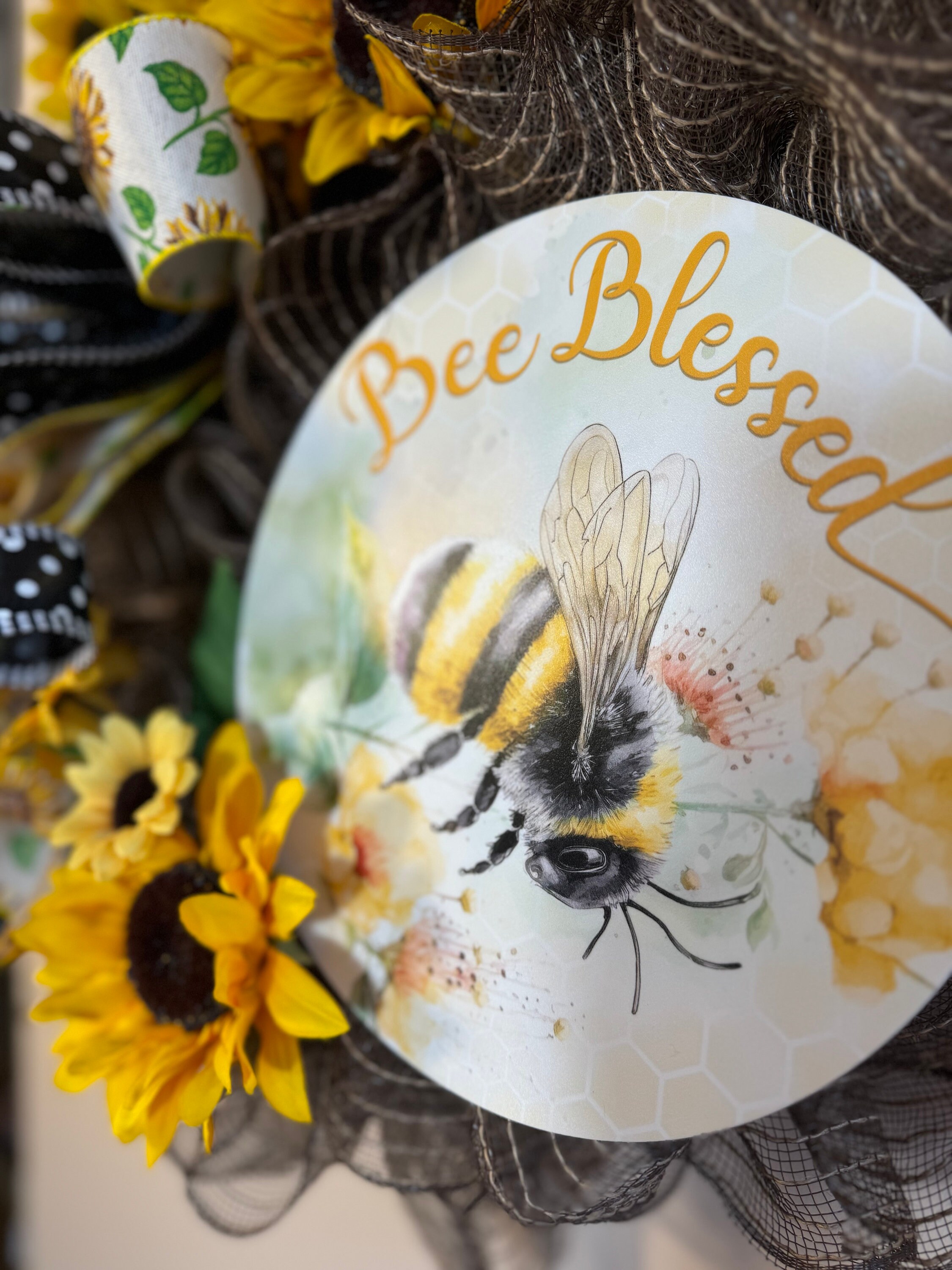 Bee Blessed 22” Sunflower and Bumblebee Wreath | Rustic Summer Door ...