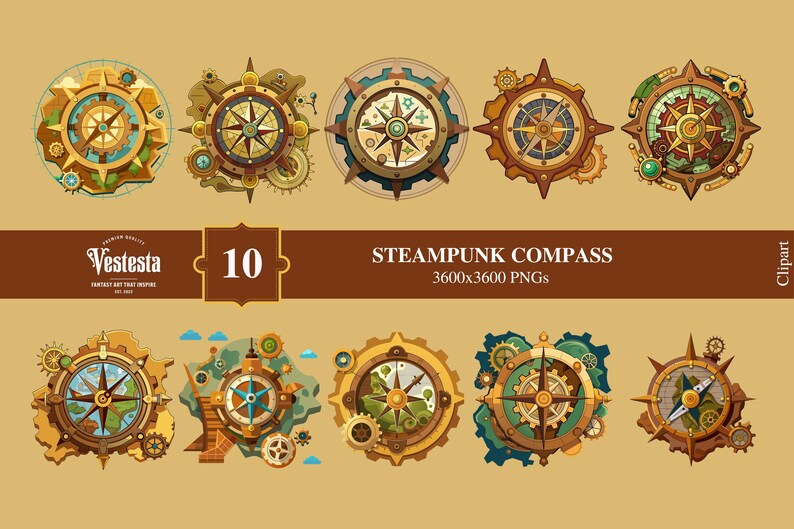 Vintage Steampunk Compass Clipart Collection 3600x3600 Pngs of Nautical ...