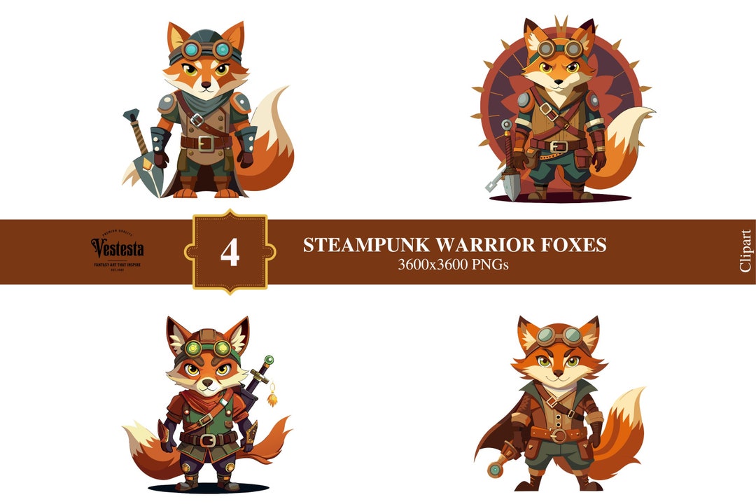 Steampunk Warrior Fox Cartoon Style PNG, Set of 4 Fox Warrior ...