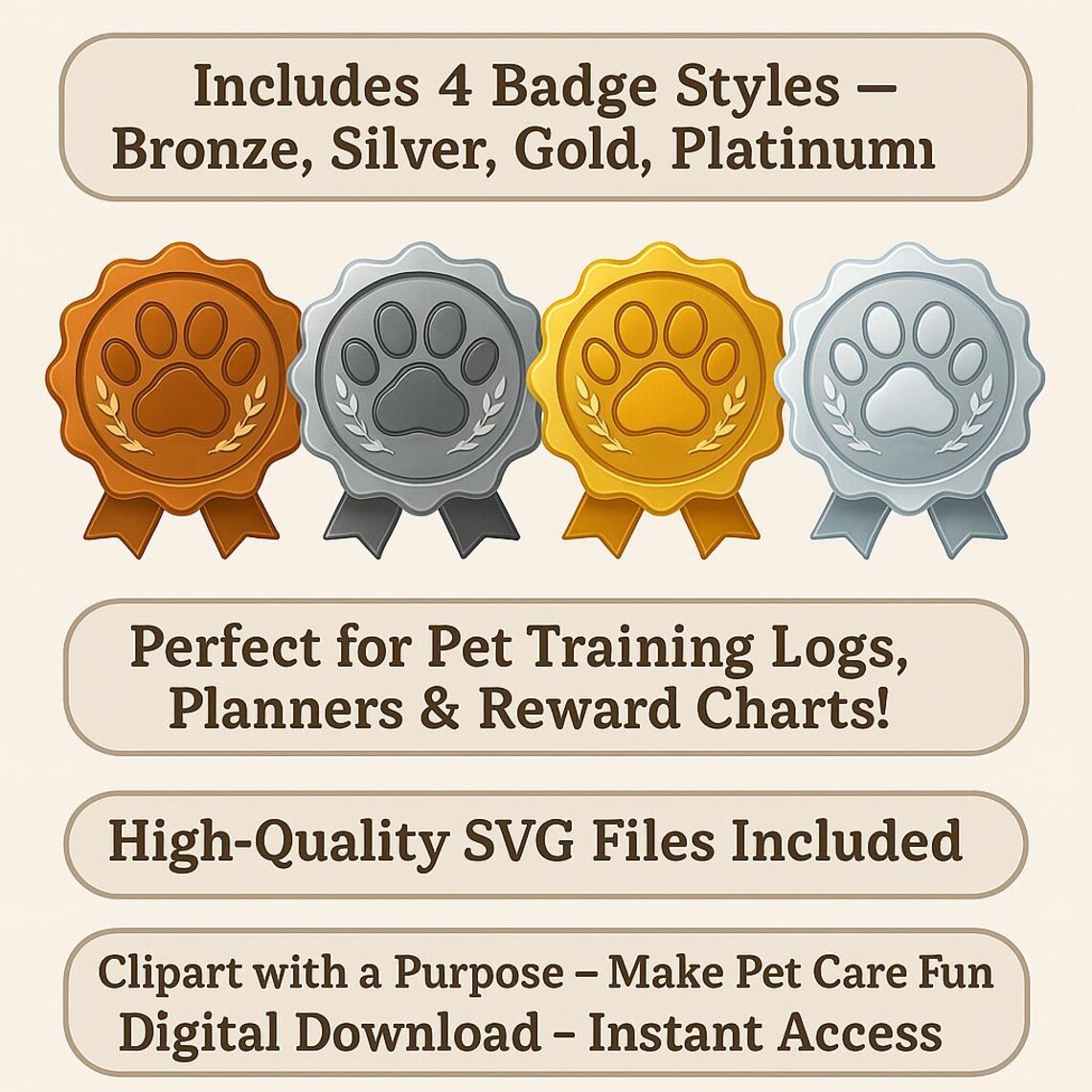 Pet Award Badges SVG Clipart – Bronze, Silver, Gold, Platinum Paw Print ...