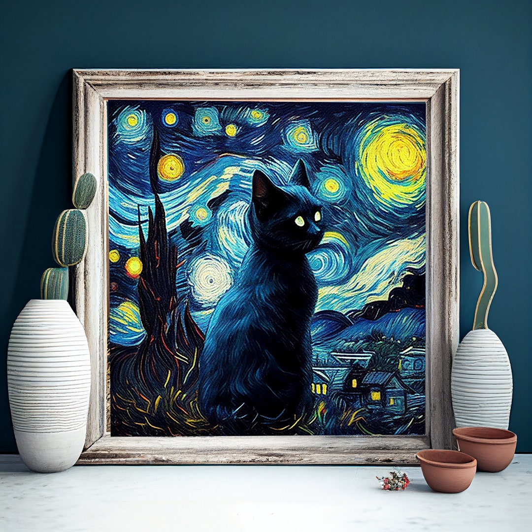 Van Gogh Cat Print, Van Gogh Starry Night Cat Print, Cat Lovers Gift ...