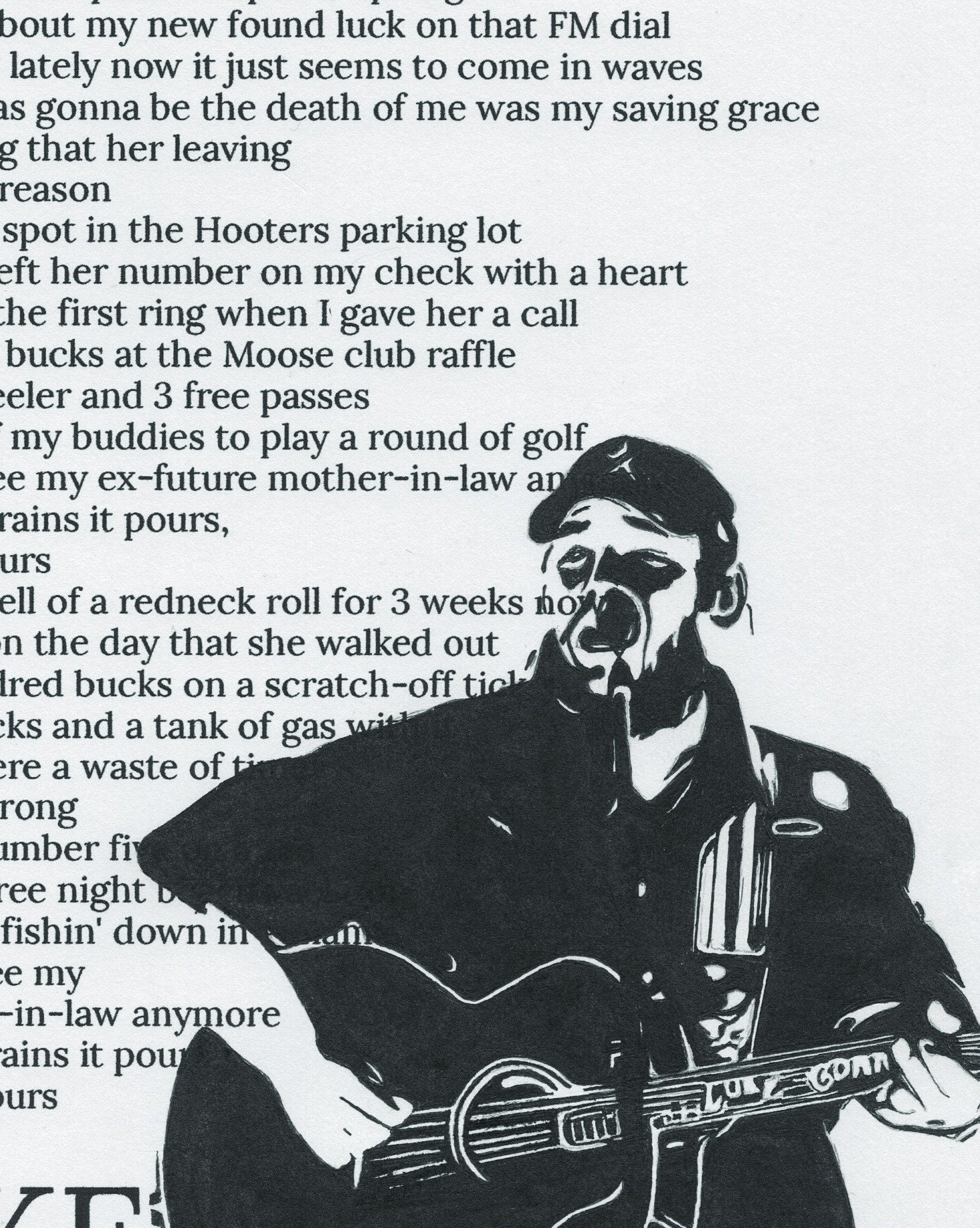 Luke Combs When It Rains It Pours Lyrics and Pen Drawing Poster Print ...