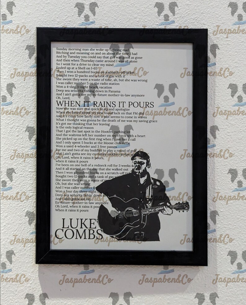 Luke Combs When It Rains It Pours Lyrics and Pen Drawing Poster Print ...