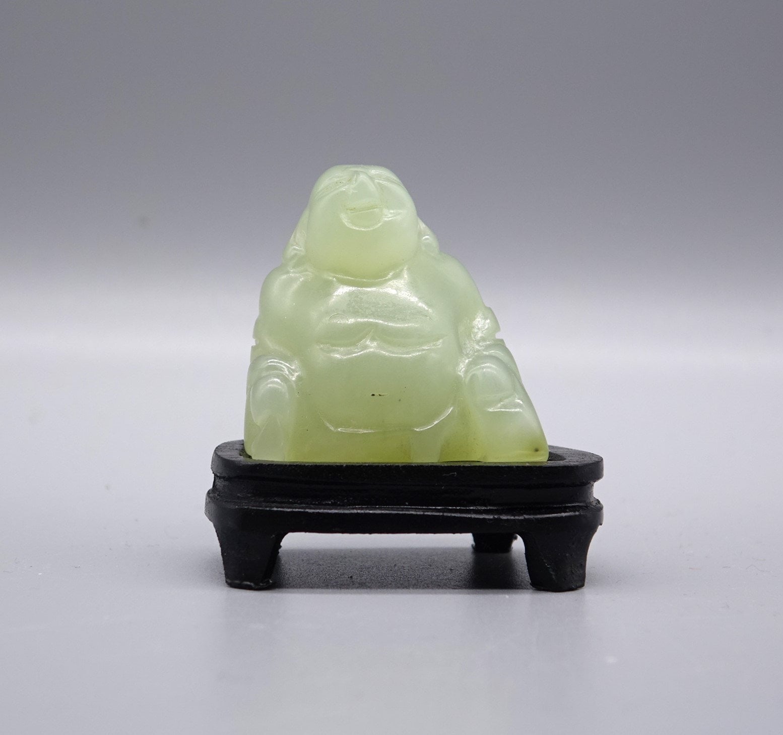 Vintage Small Jade / Nephrite Buddha Light Green on Wood Stand. Chinese ...
