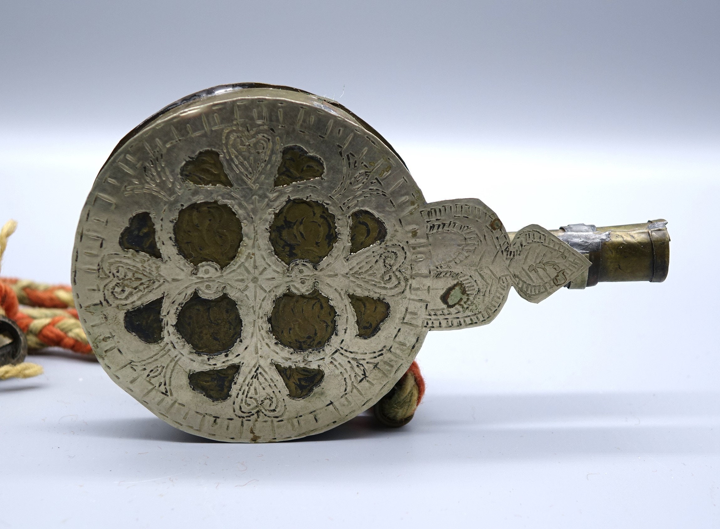 Antique / Vintage Gun Powder Flask in Brass With Rope. Made in North ...