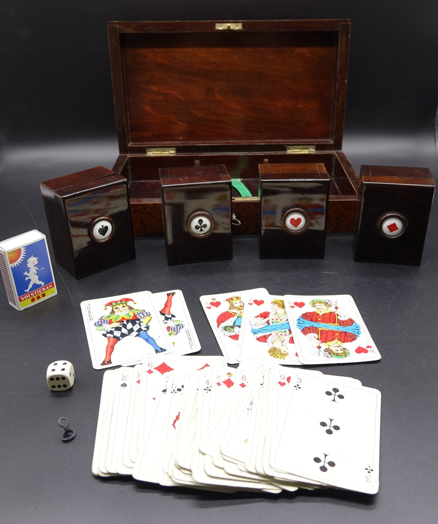 Vintage Poker / Play Card Set Wooden Box With Lock and Key, 4 Wood Card ...