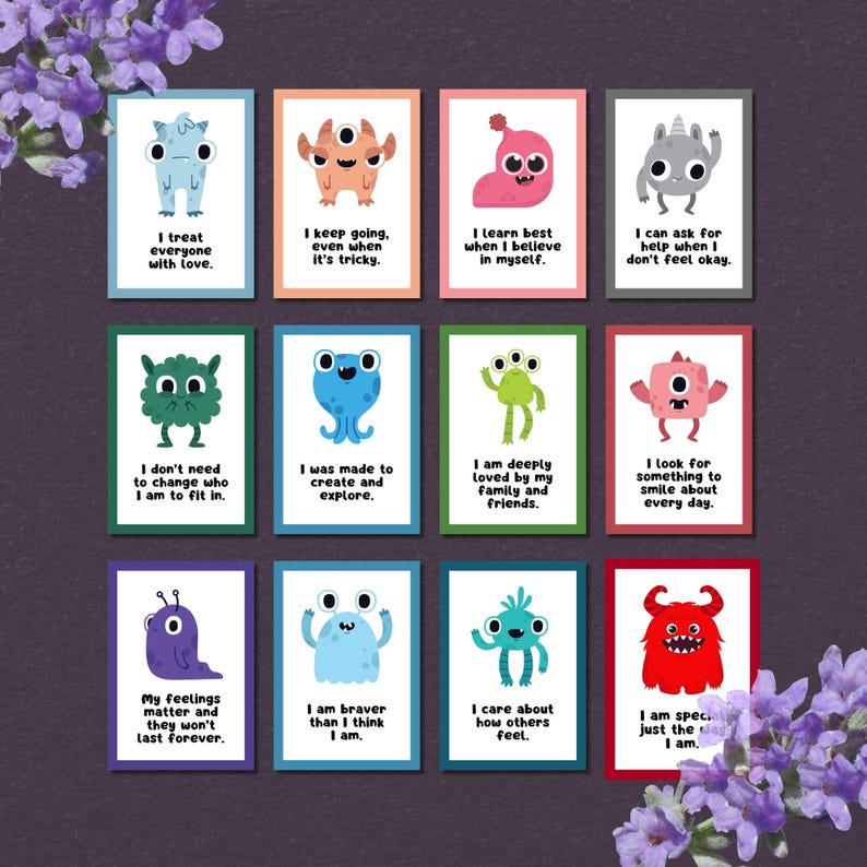 48 Monster Affirmation Cards for Kids, INSTANT DOWNLOAD, Kids' Positive ...